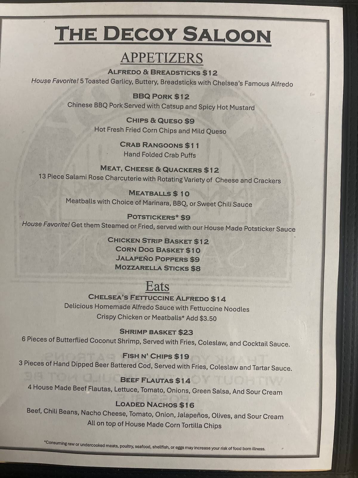Menu at Decoy Saloon pub & bar, Portland