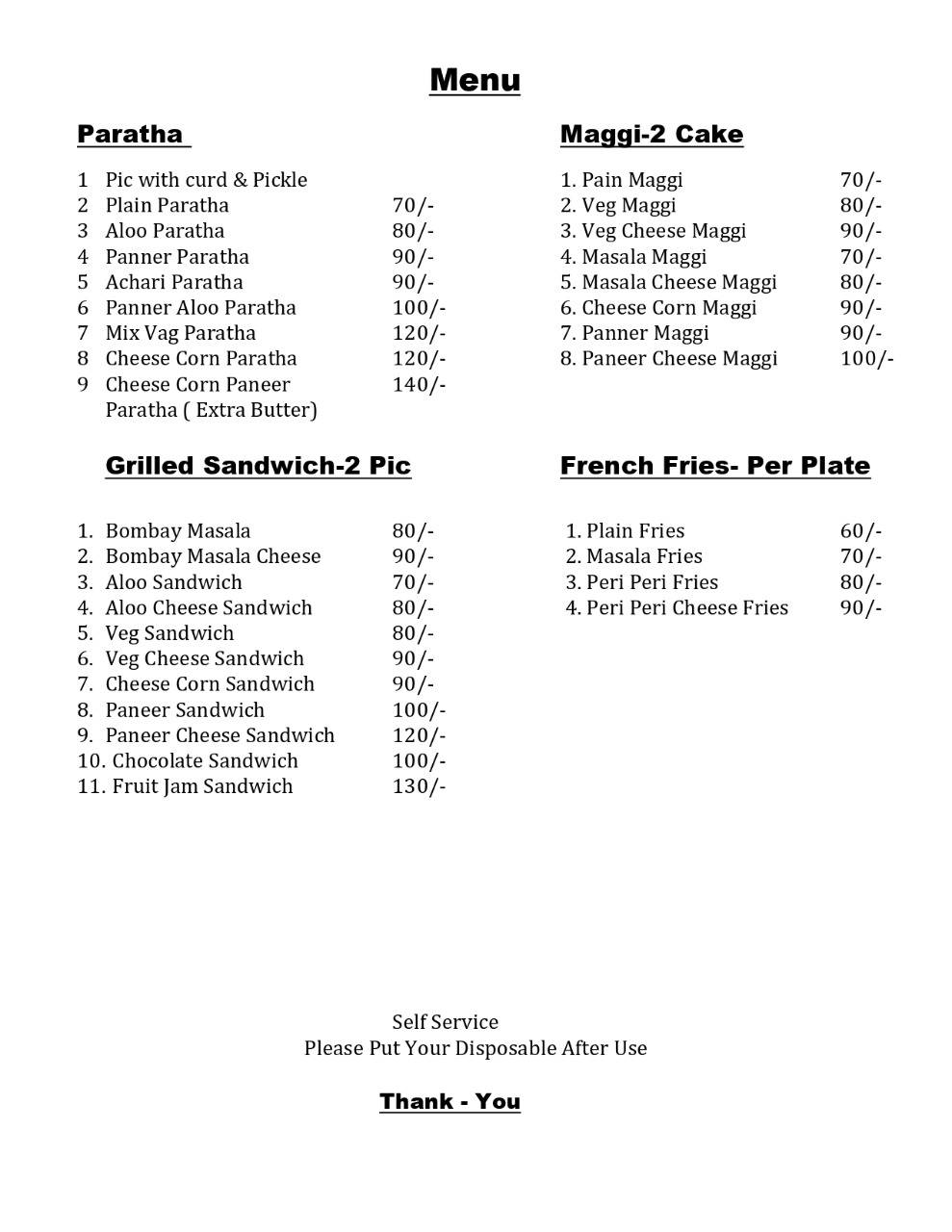 Menu at Deep Cafe Chai Paratha, Raipur