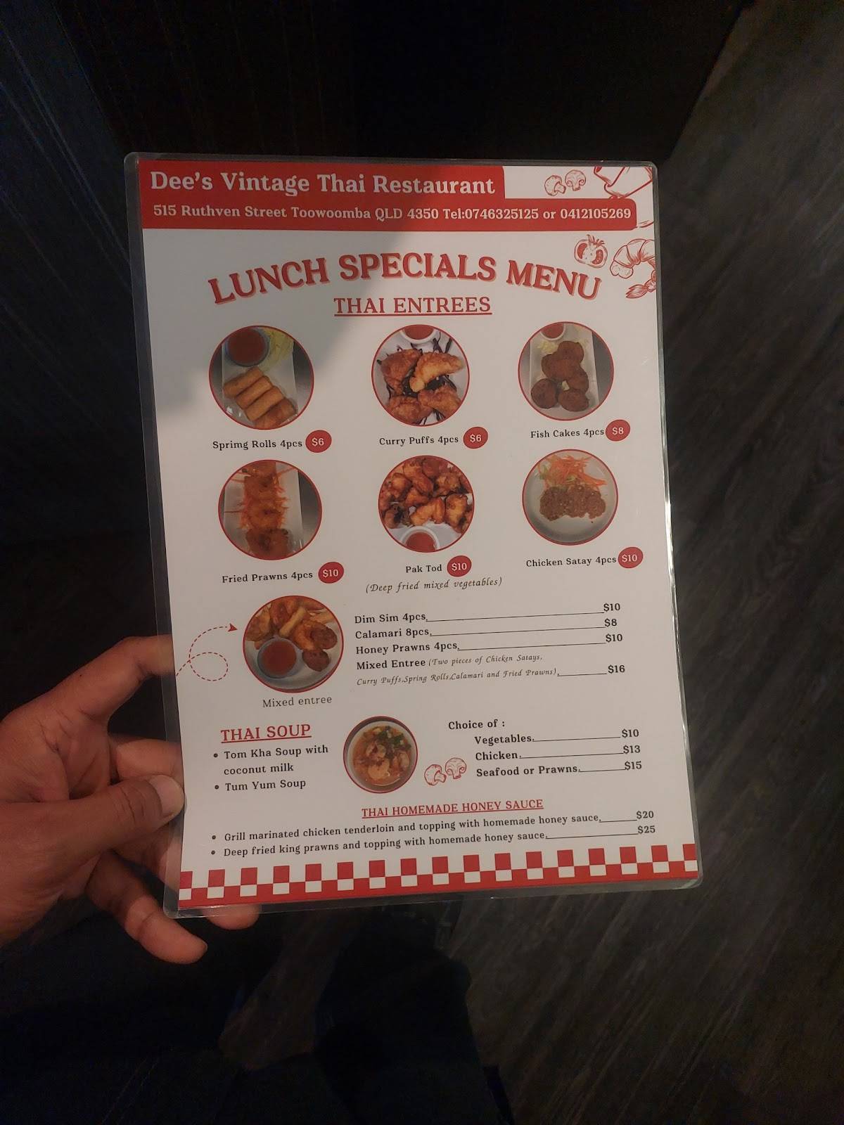 Menu at Dee's Vintage Thai Restaurant, Toowoomba City