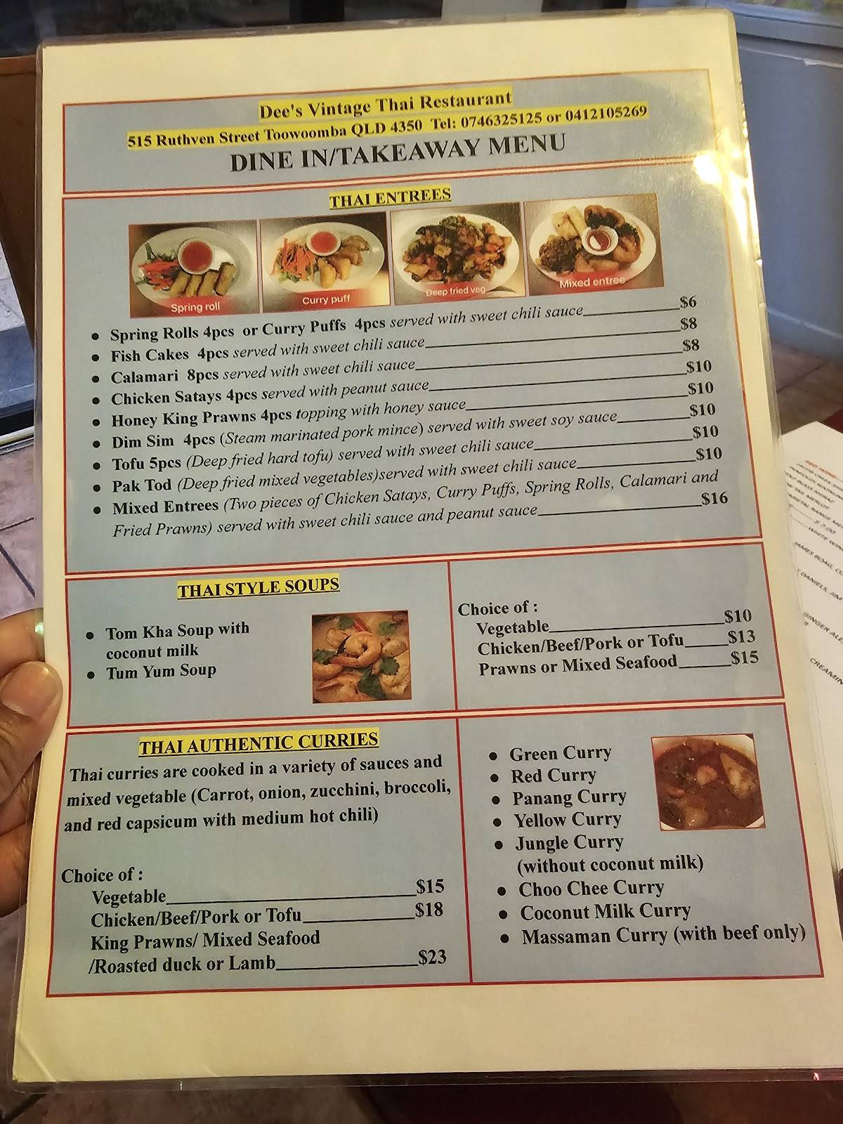 Menu at Dee's Vintage Thai Restaurant, Toowoomba City