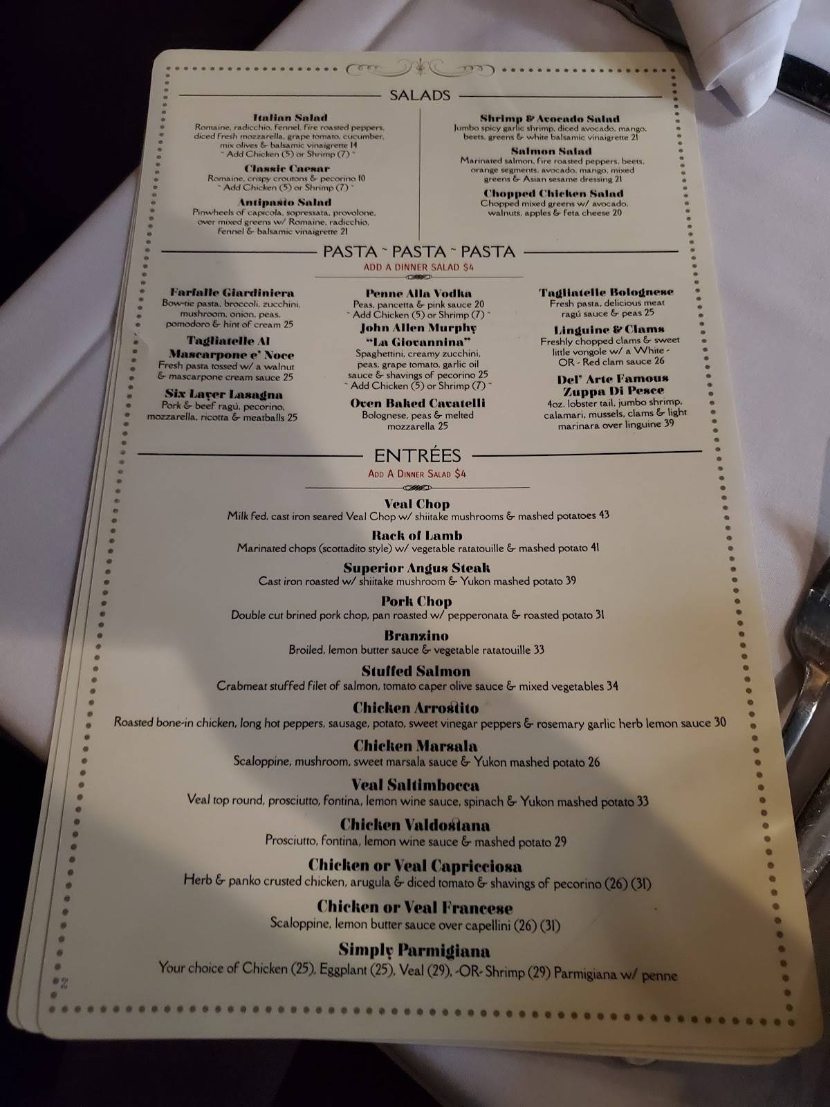 Menu at Del' Arte Restaurant, Orangeburg