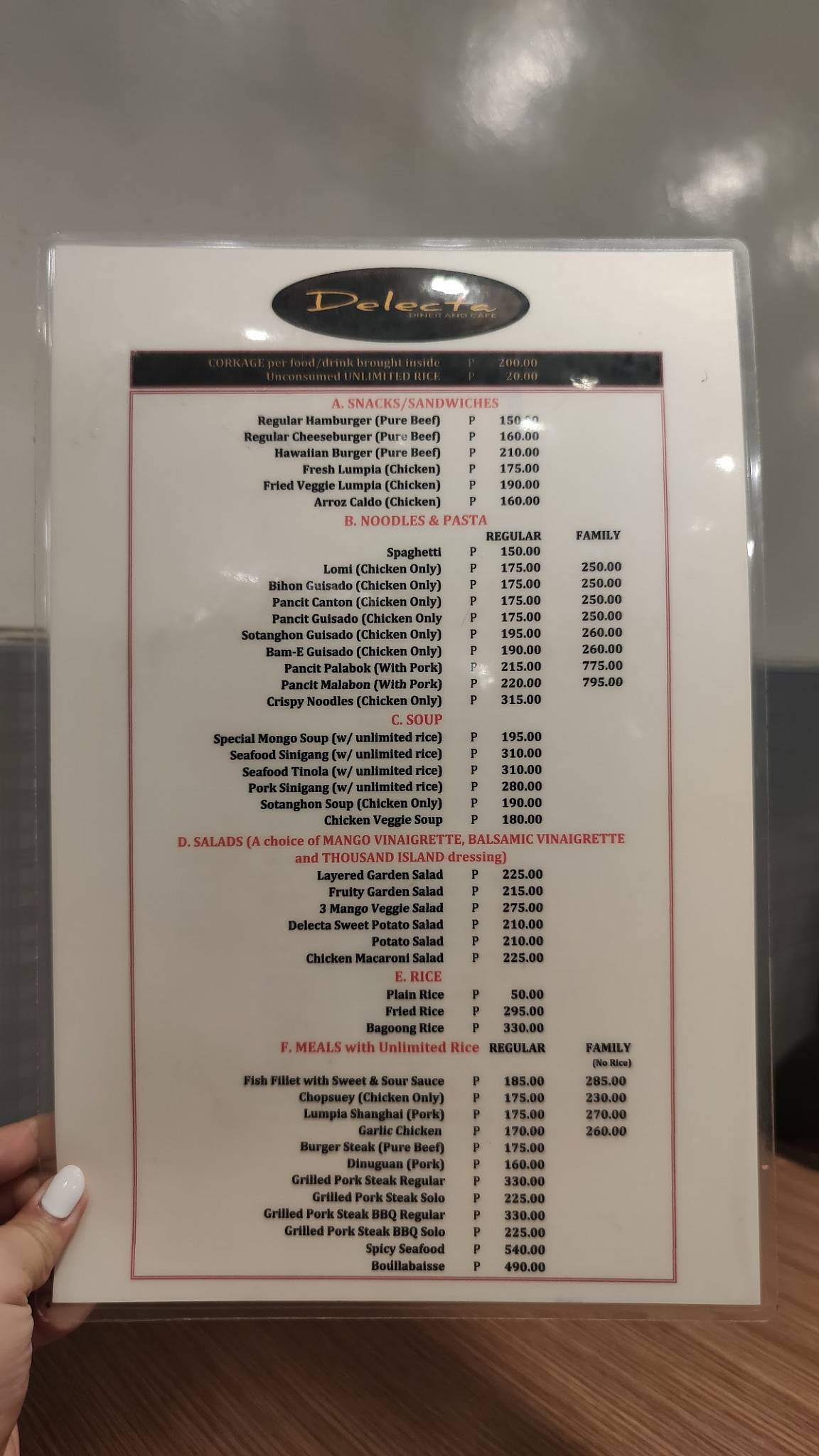 Menu at Delecta restaurant, Iligan City, 66GX+WQ5