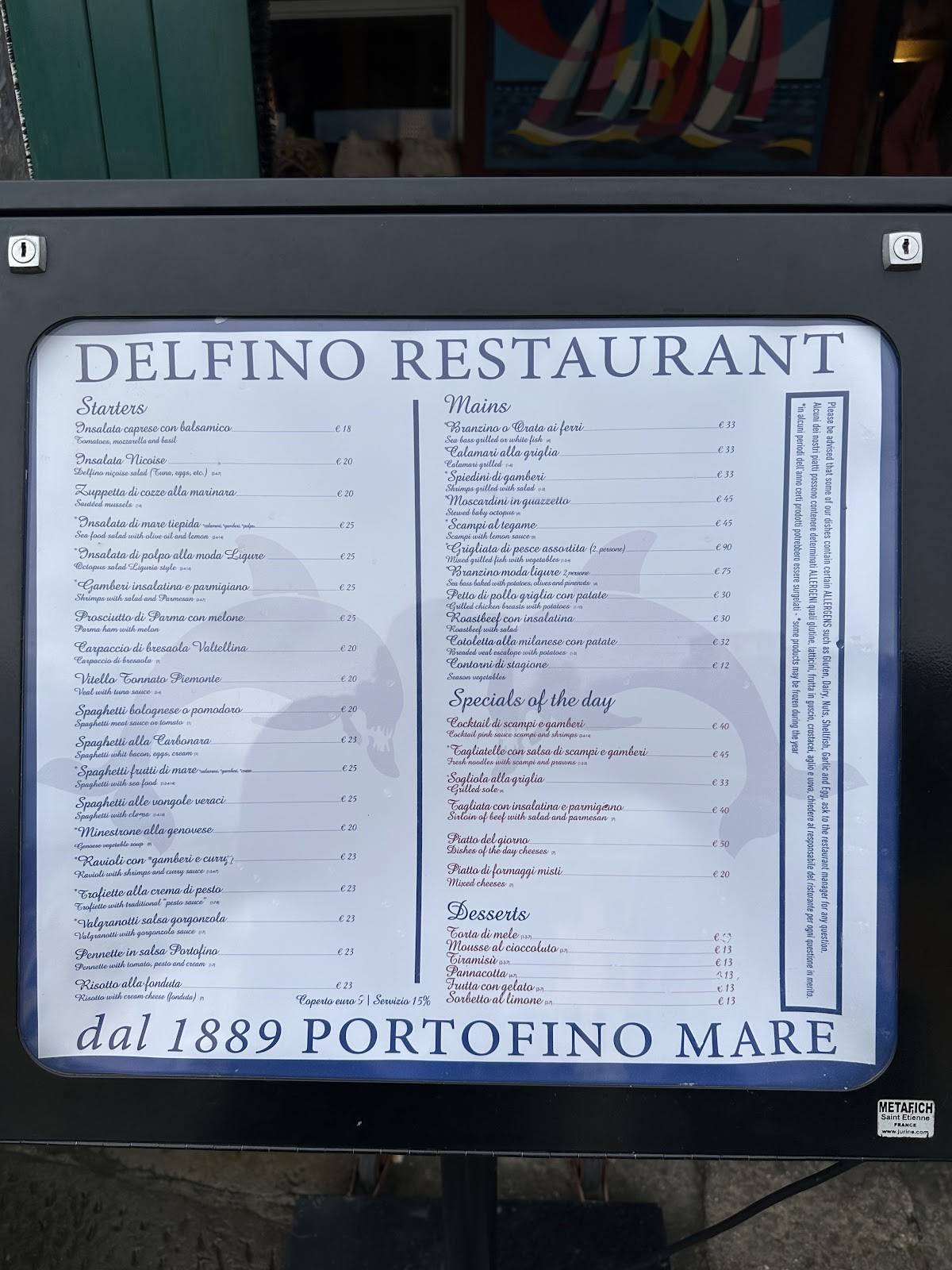Menu da Delfino ristorante, Portofino