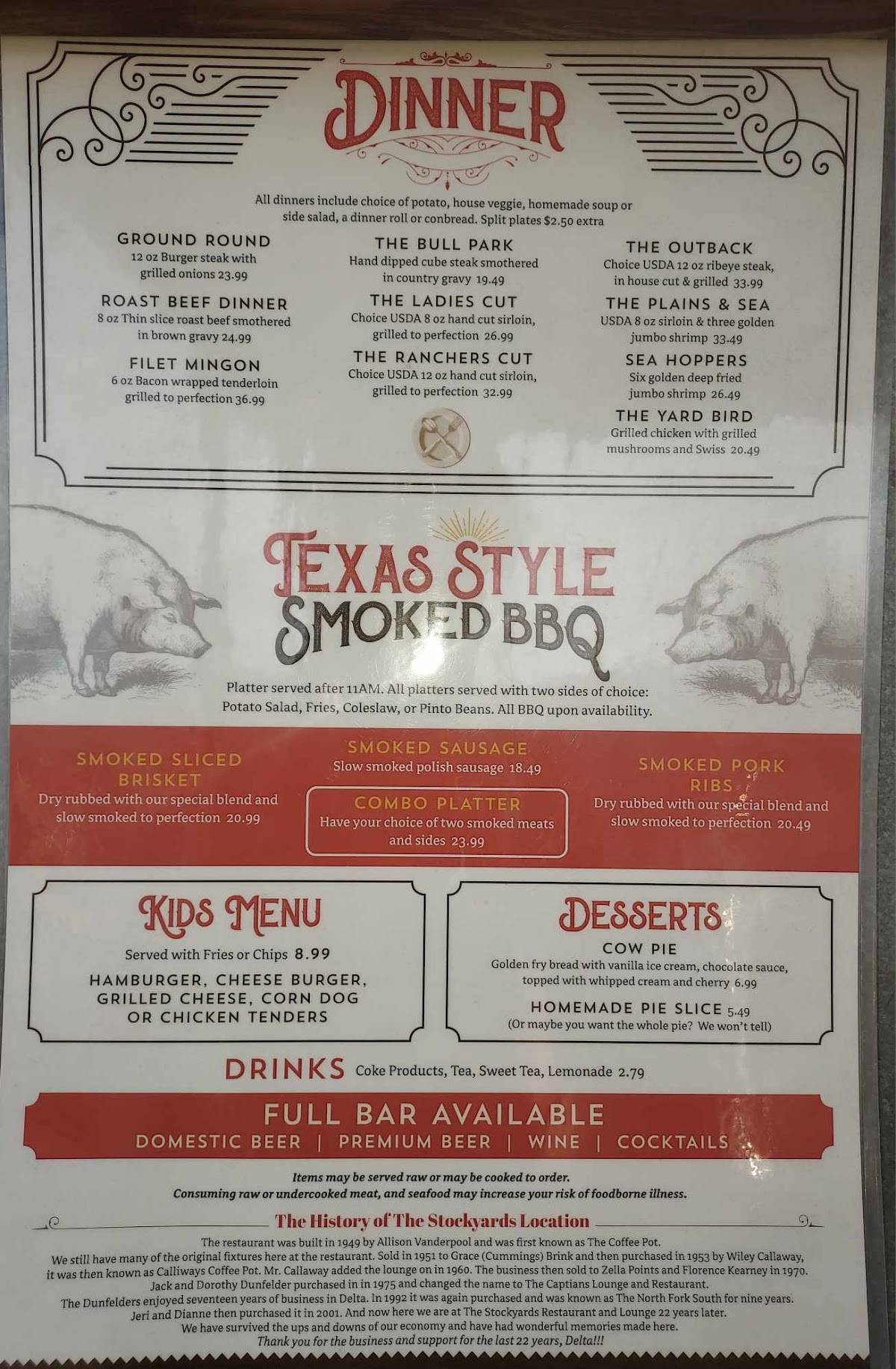 Menu at The Stockyards cafe, Delta