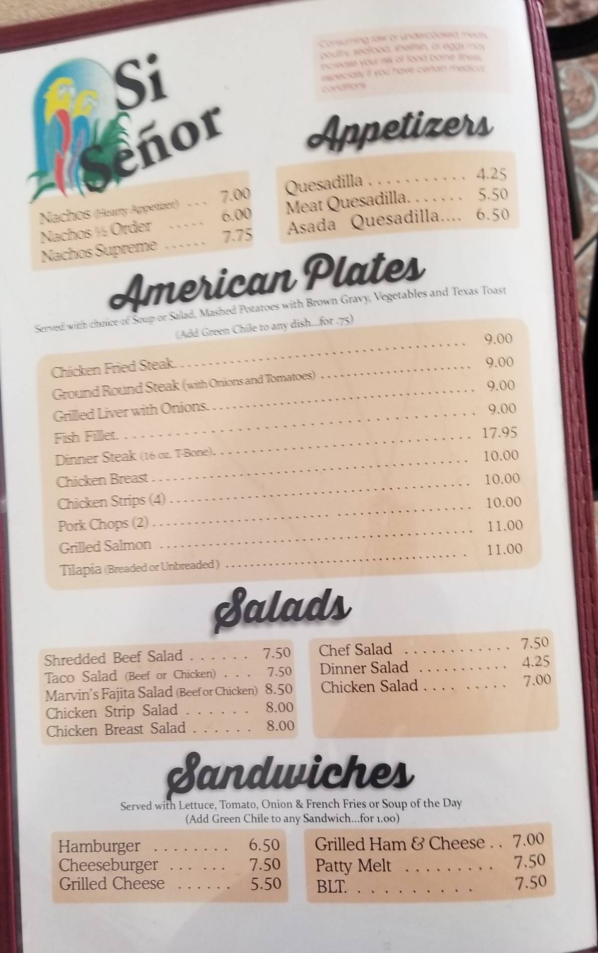 Menu at Si Señor restaurant, Deming