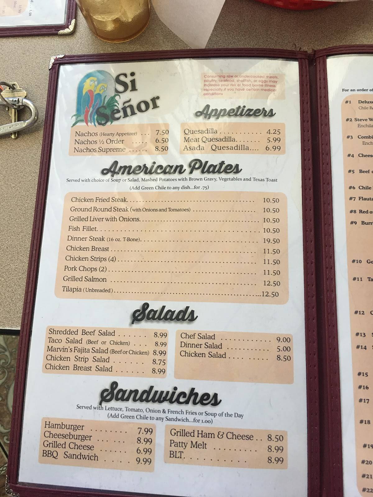 Menu at Si Señor restaurant, Deming