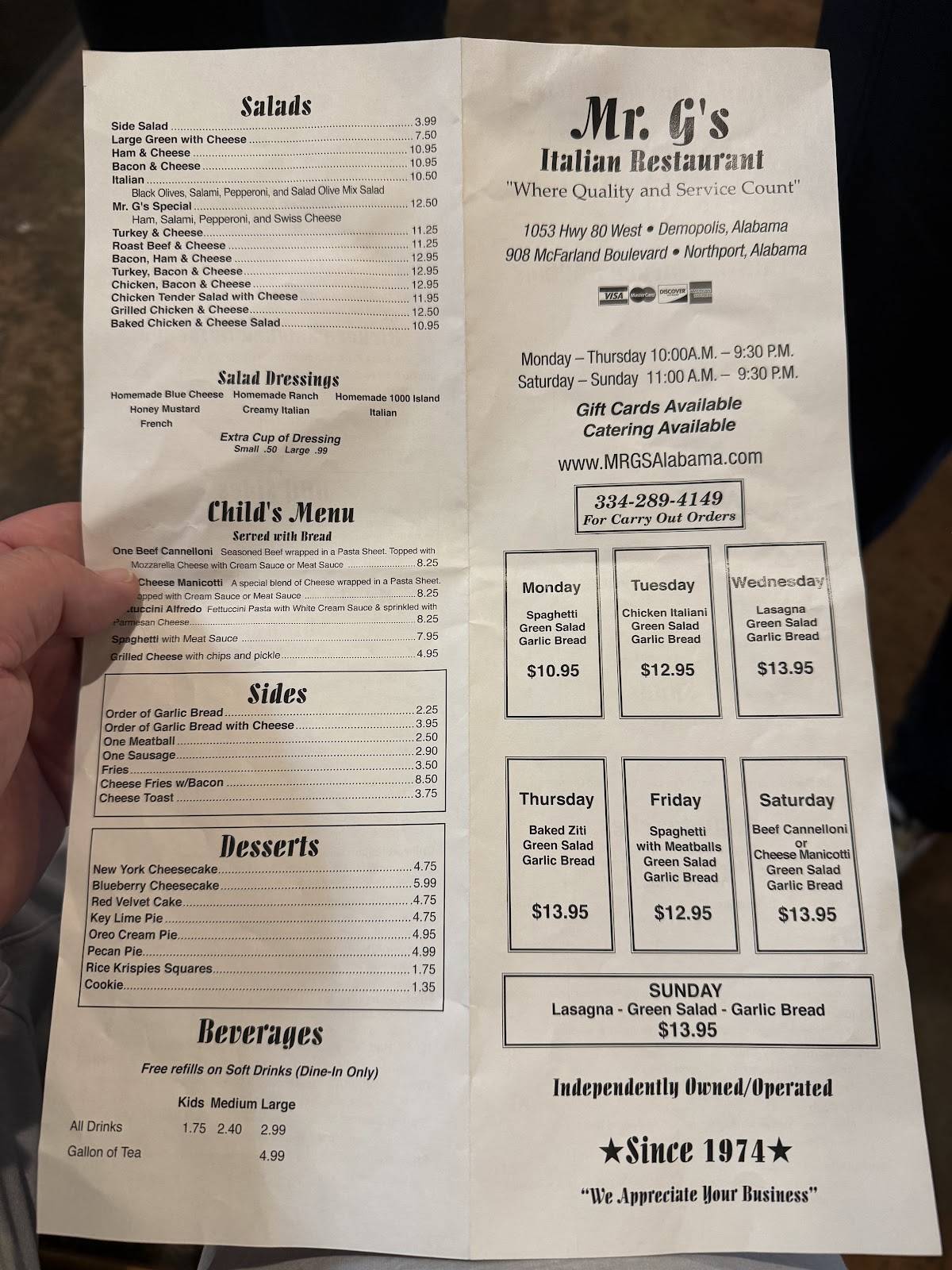 Menu at Mr. G's Pizza pizzeria, Demopolis, US-80