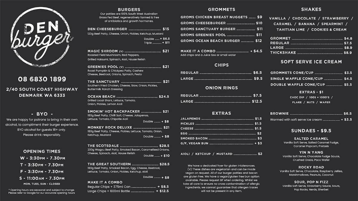 Menu at Den Burger restaurant, Denmark