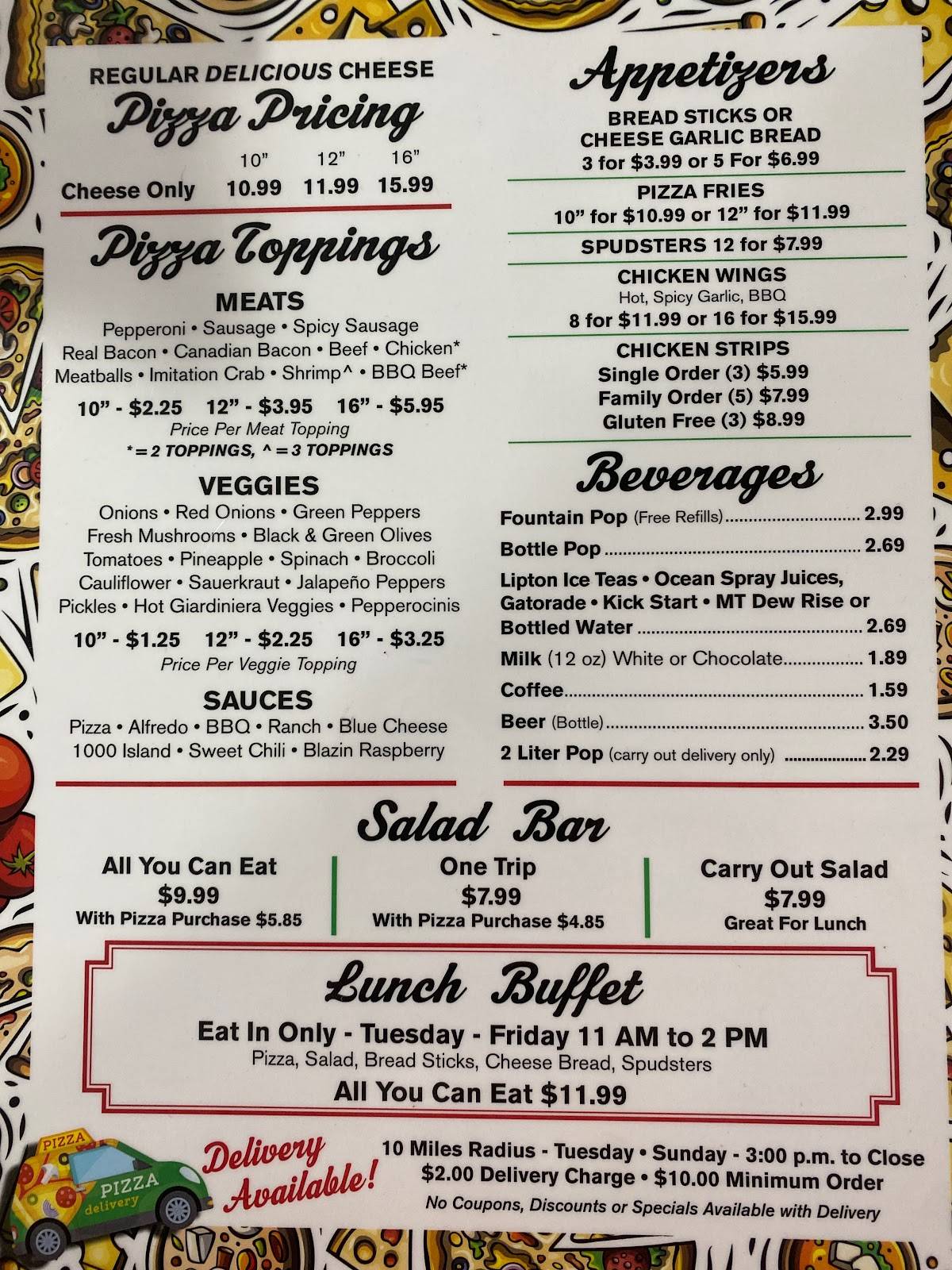 Menu at Denelies Pizza pizzeria, Spooner, 401 River St