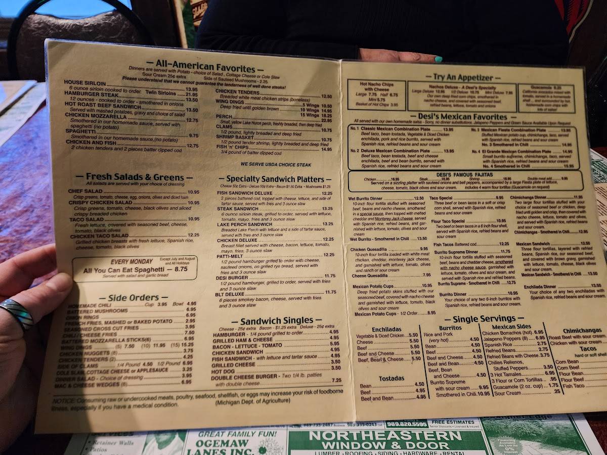 Menu at Desi's Taco Lounge restaurant, Oscoda Township, West River Road