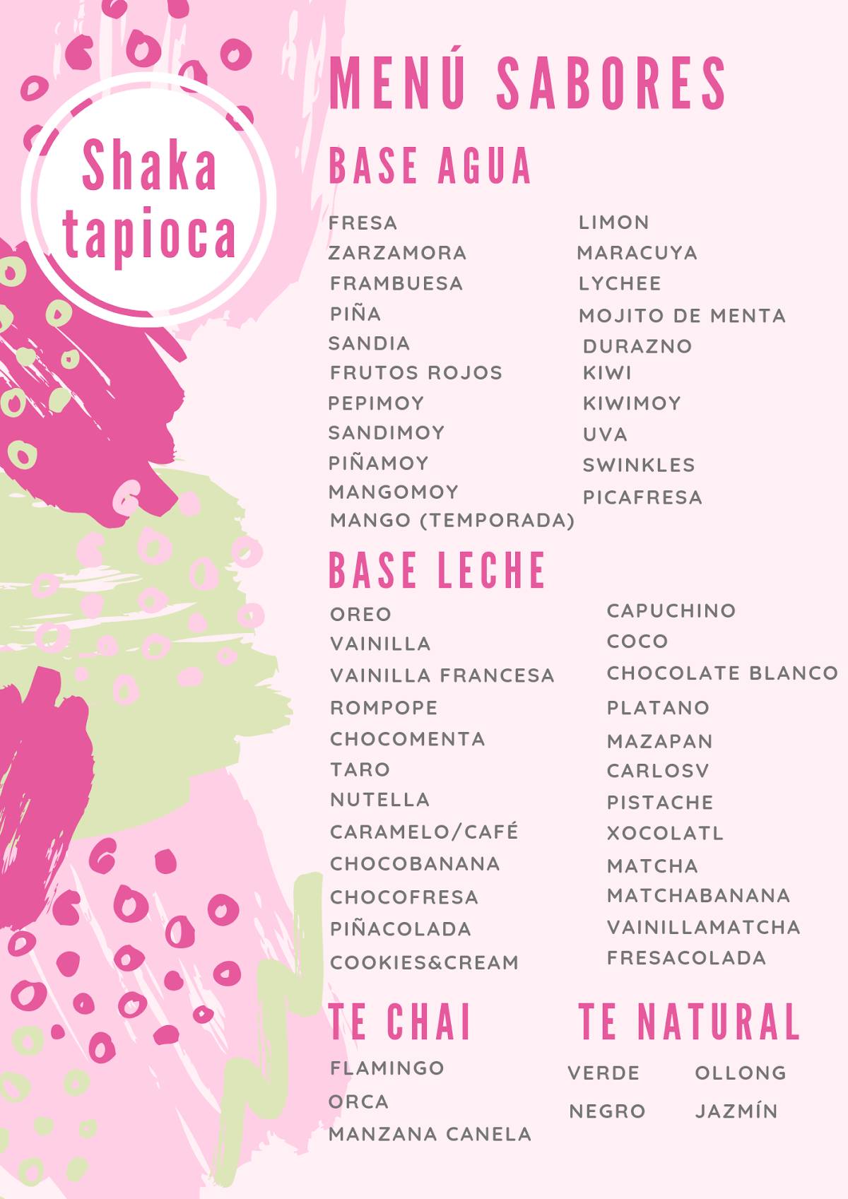Menu at Shaka Tapioca desserts, Guadalajara