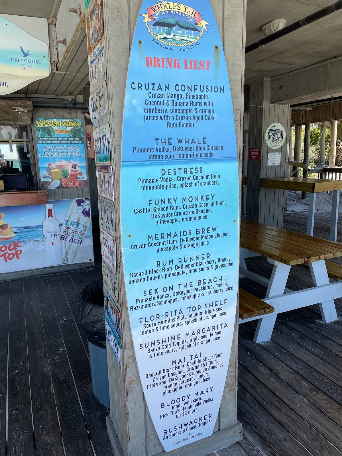 Menu at The Whale's Tail Beach Bar & Grill, Miramar Beach, Scenic Gulf Dr