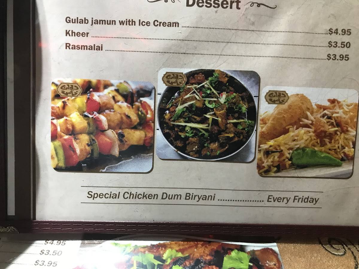 Menu at Dewan-E-Khass restaurant, Vancouver