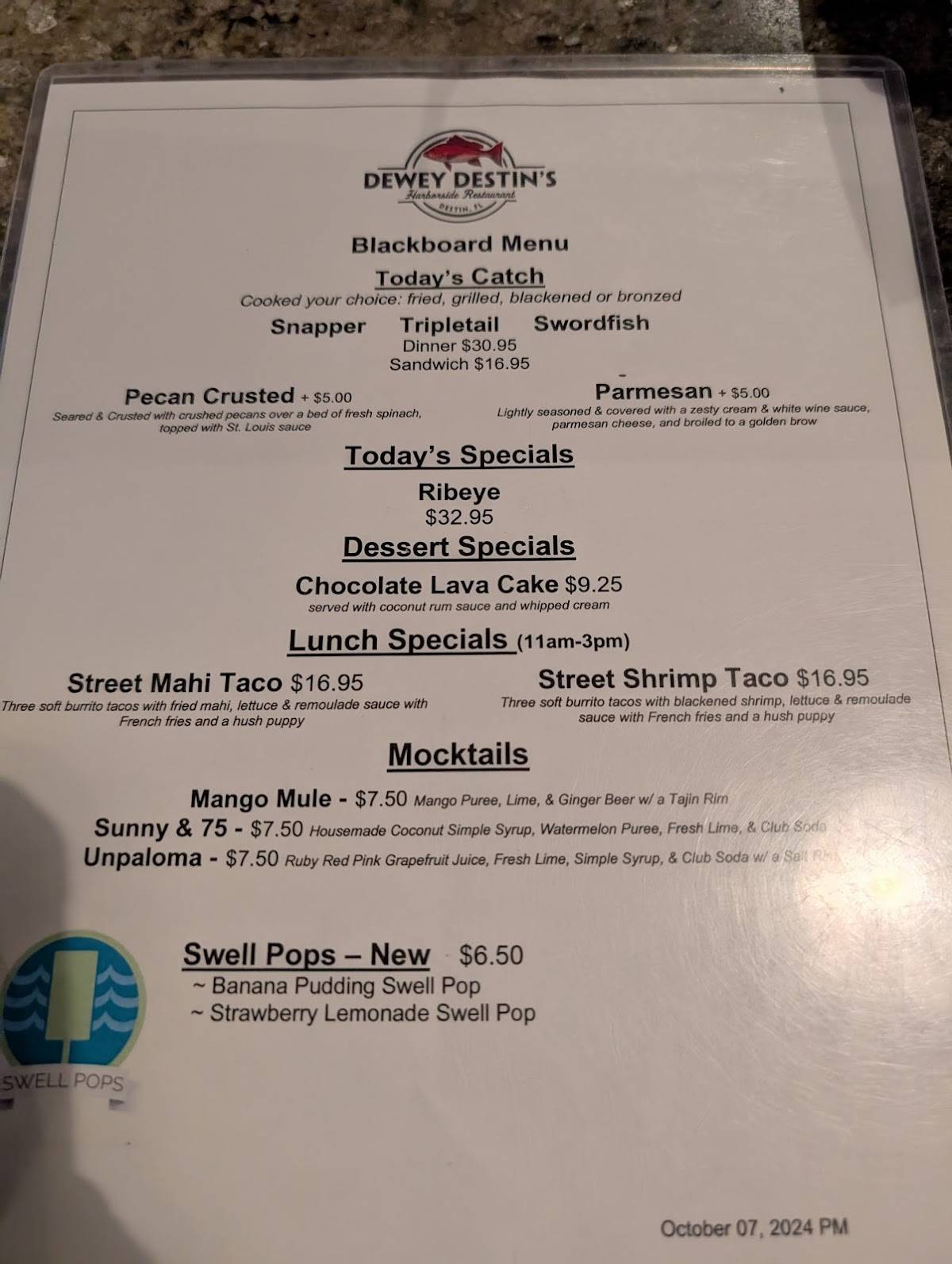 Menu at Dewey Destin's Harborside pub & bar, Destin