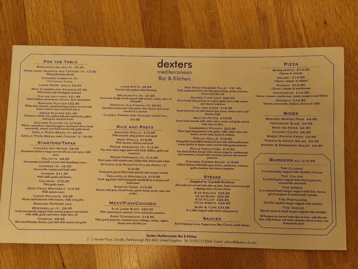 Menu at Dexters restaurant, Oundle