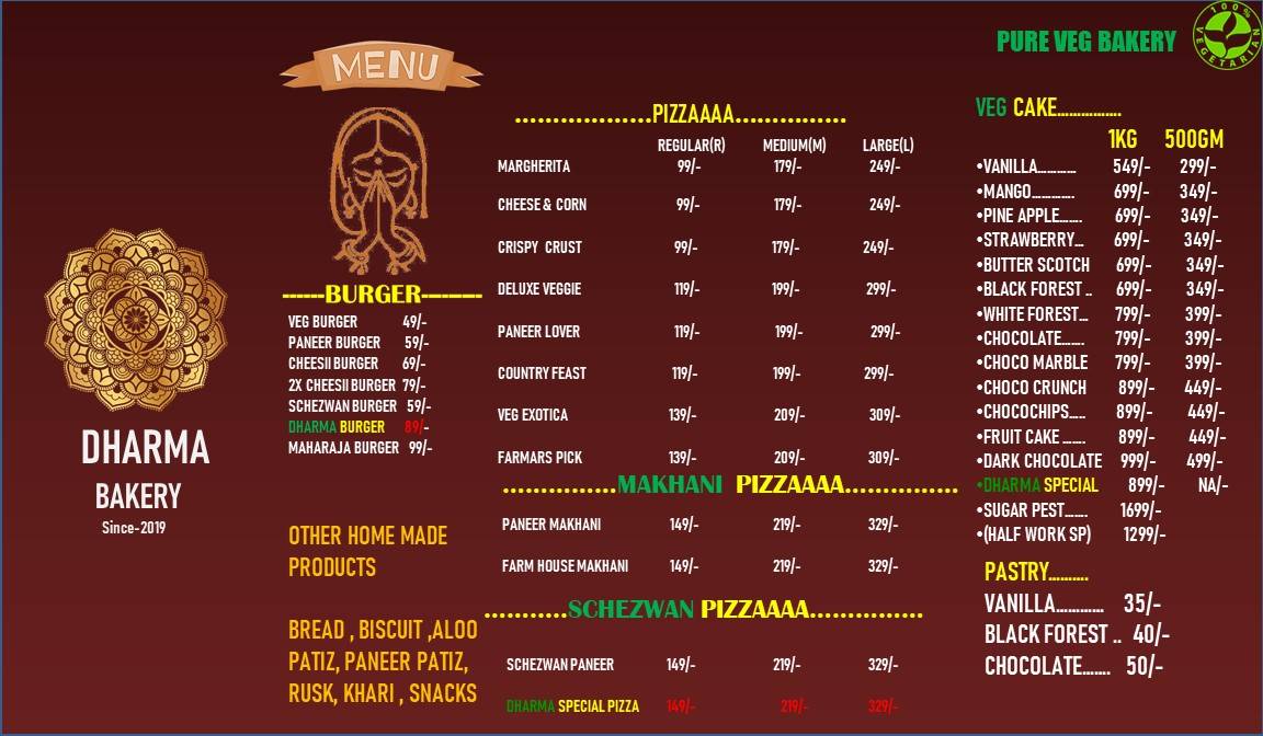 Menu at Dharma Bakery ll Best Bakery in Mau, India
