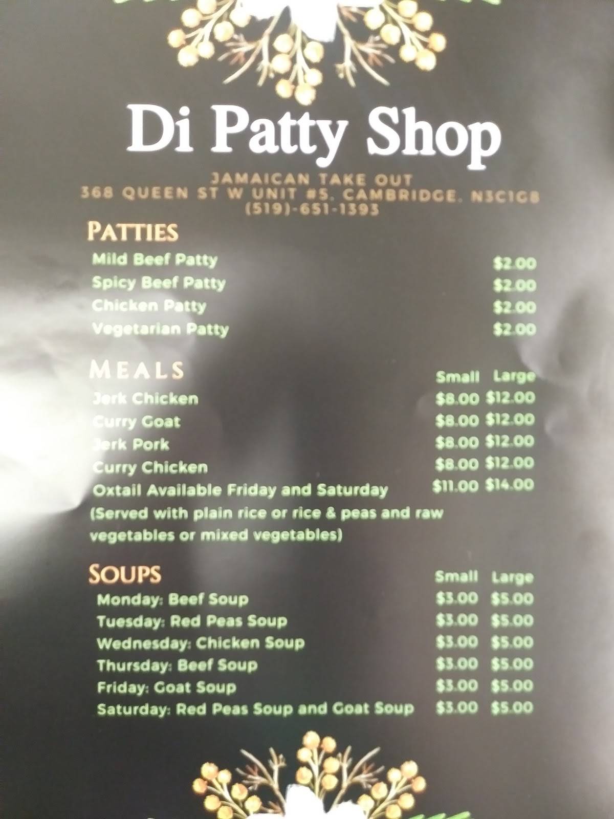 Menu at Di Patty Shop restaurant, Cambridge