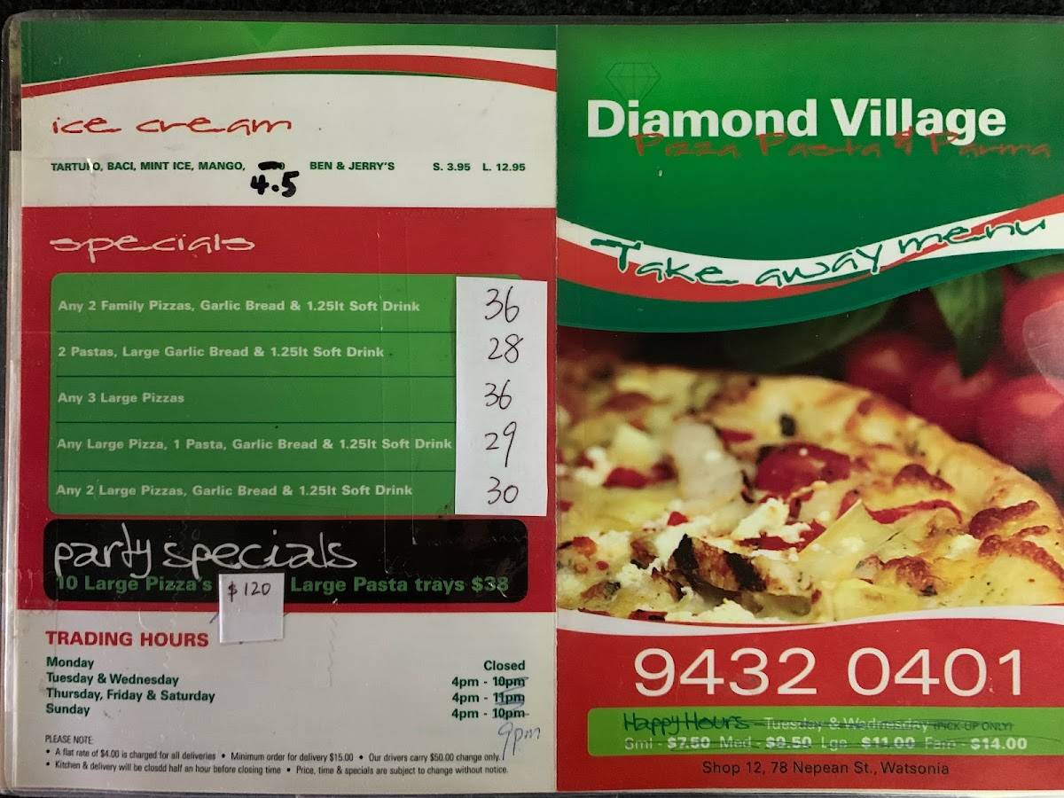 Menu at Diamond Village Pizza & Pasta pizzeria, Watsonia