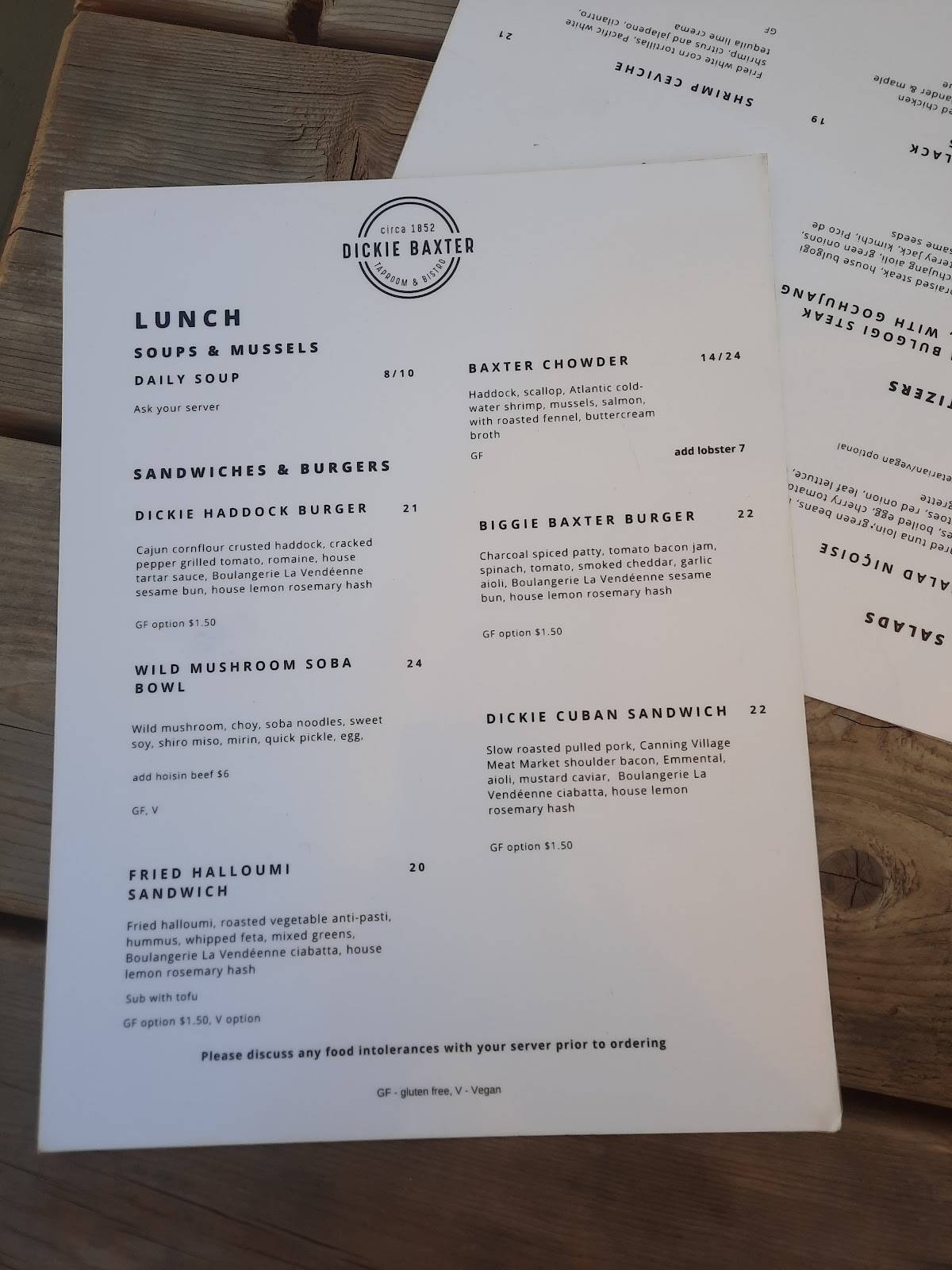 Menu at Dickie-Baxter Taproom & Bistro restaurant, Canning
