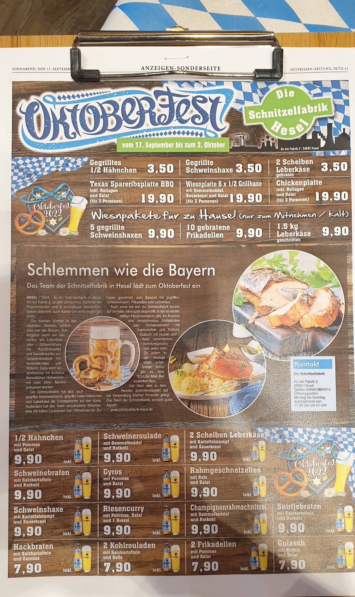 Speisekarte von Die Schnitzelfabrik Hesel pub & Bar, Hesel