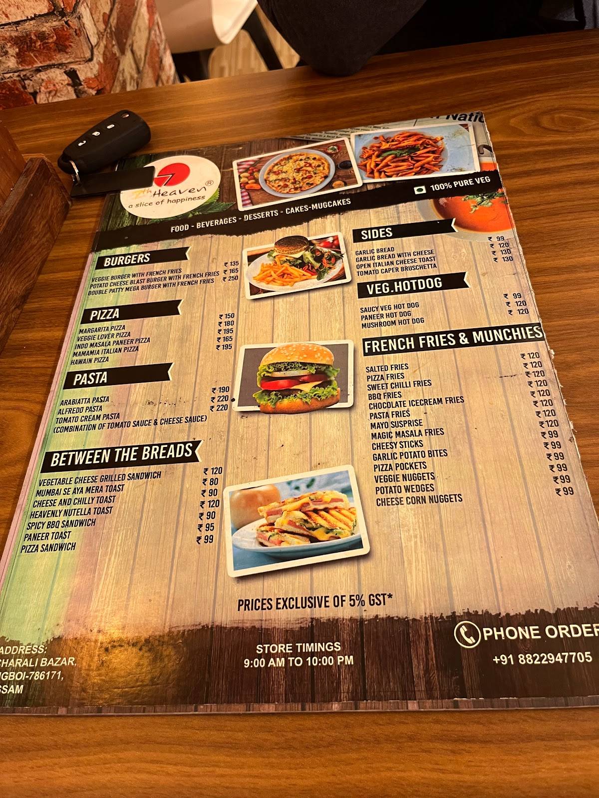 Menu at 7th Heaven, Digboi