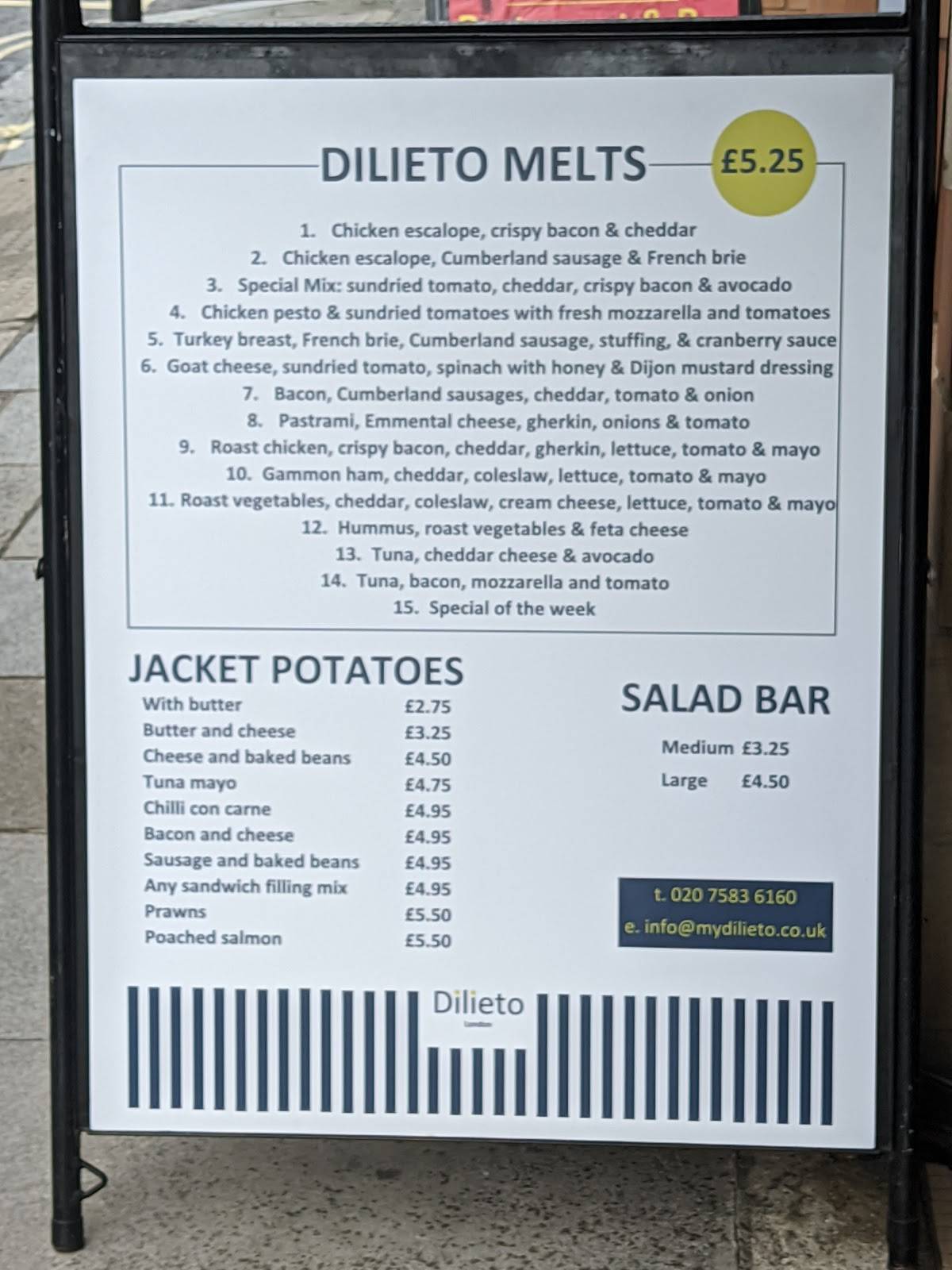Menu at Dilieto fast food, London