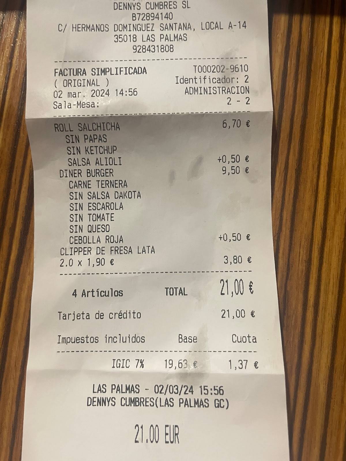 Carta del restaurante Diner Dennys Roy Alisios, La Suerte