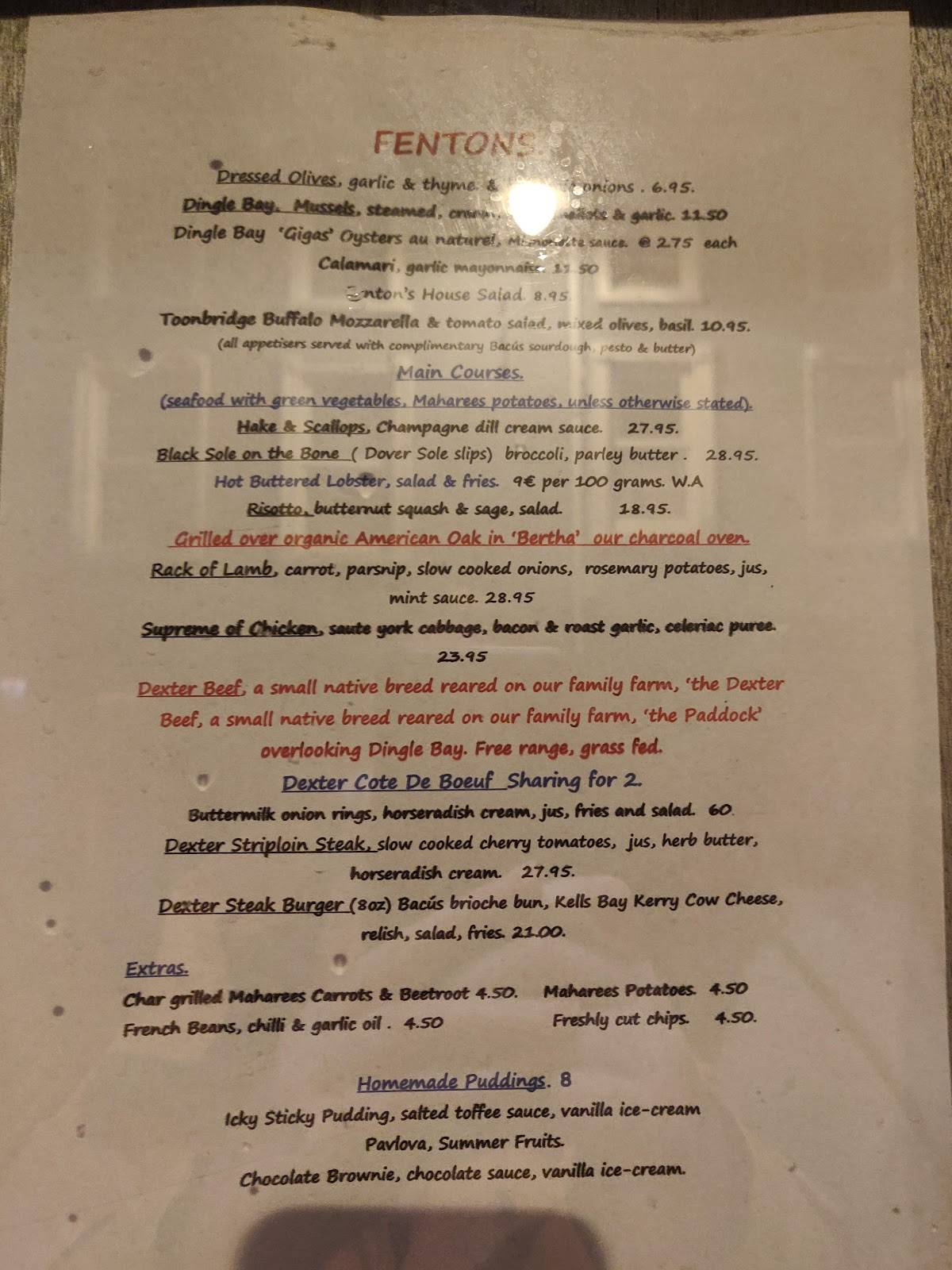 Menu at Fenton's of Dingle restaurant, Dingle