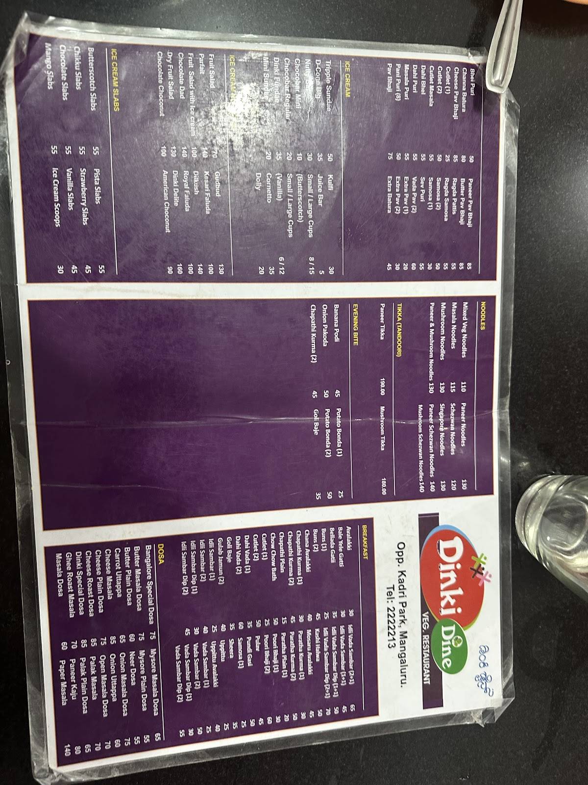 Menu at Dinki Dine Veg Restaurant, Mangaluru, Kadri Park Rd