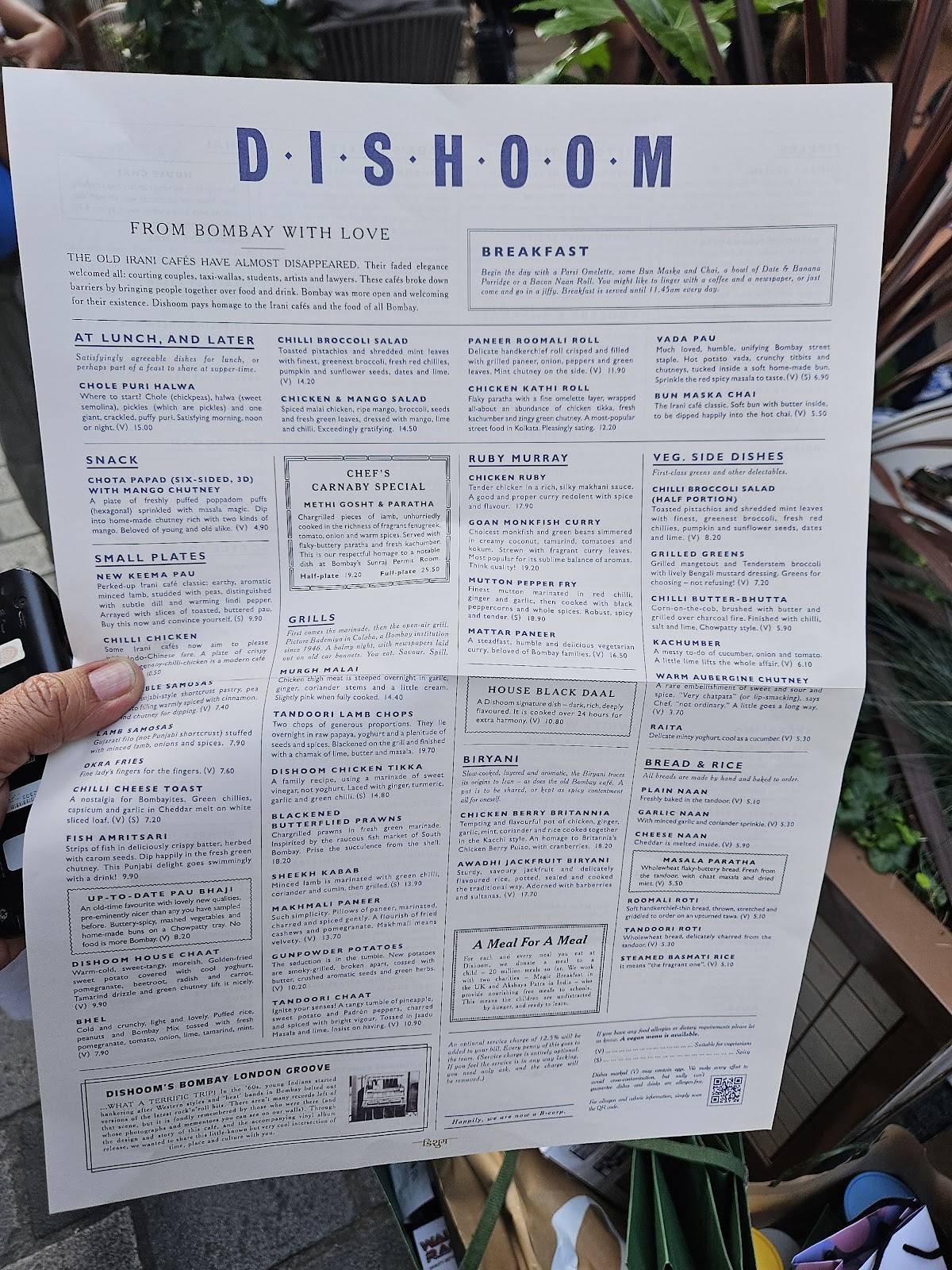 Menu at Dishoom Carnaby restaurant, London, 22 Kingly St