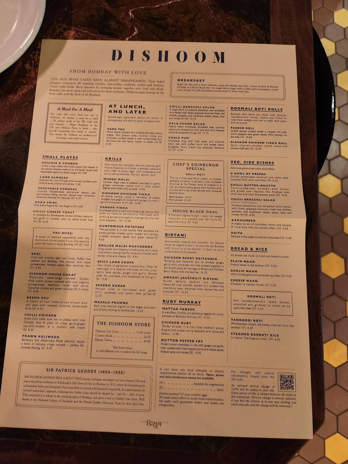 Menu at Dishoom Edinburgh restaurant, Edinburgh, 3a St Andrew Square