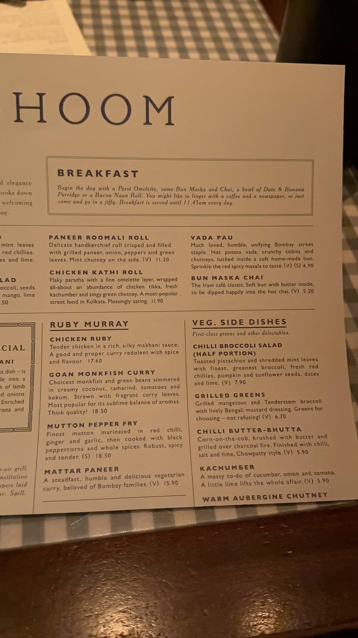 Menu at Dishoom Manchester restaurant, Manchester