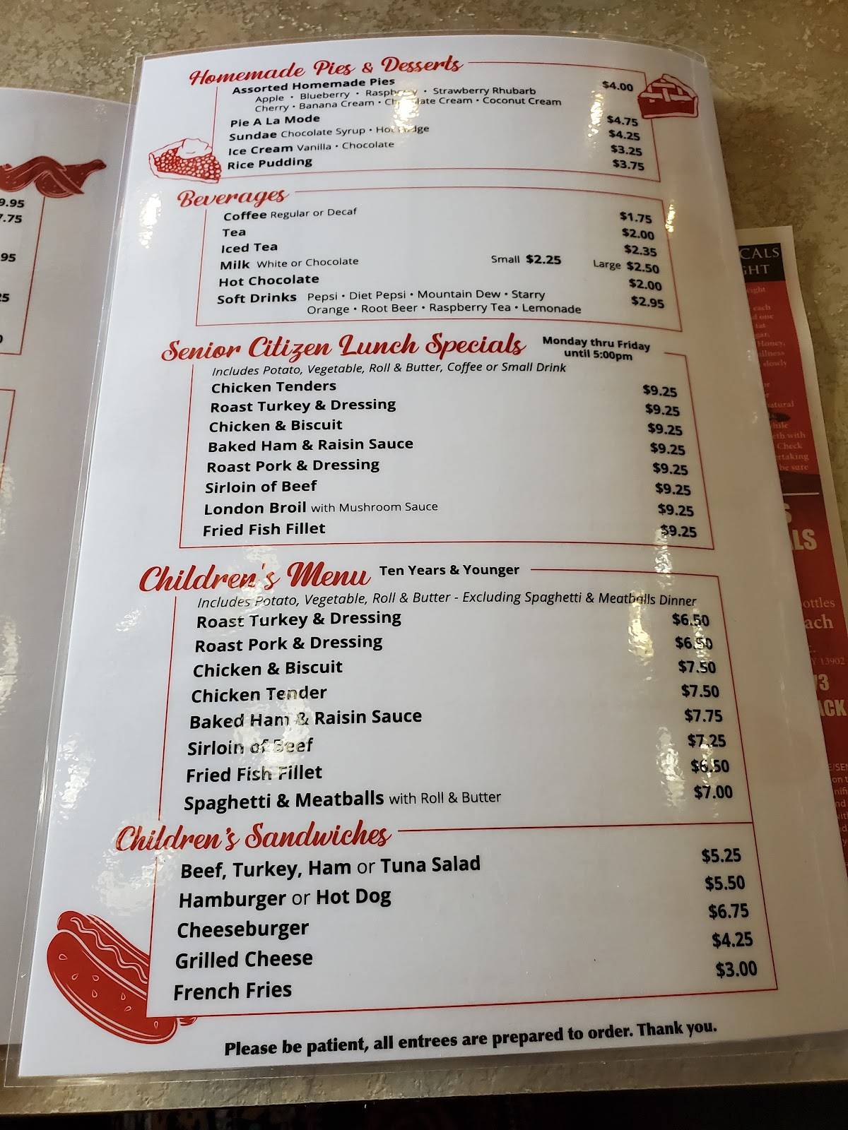 Menu at Dobb's Country Kitchen restaurant, Hallstead