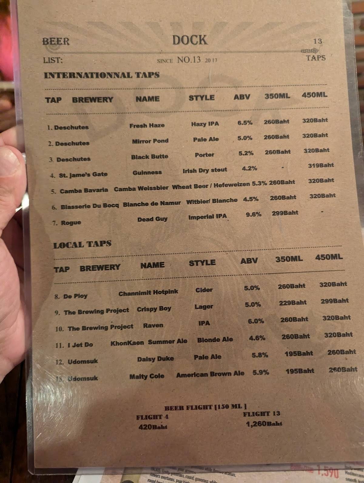Menu at Dock No 13 pub & bar, Bangkok