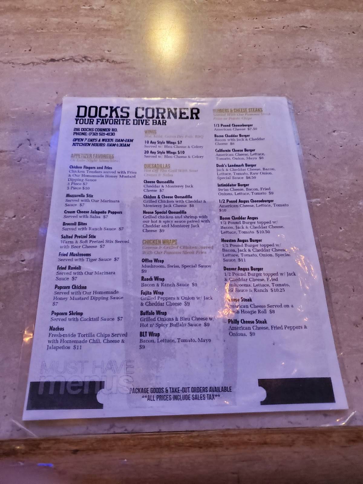 Menu at Dock's Corner Tavern pub & bar, Jamesburg, 216 Docks Corner Rd