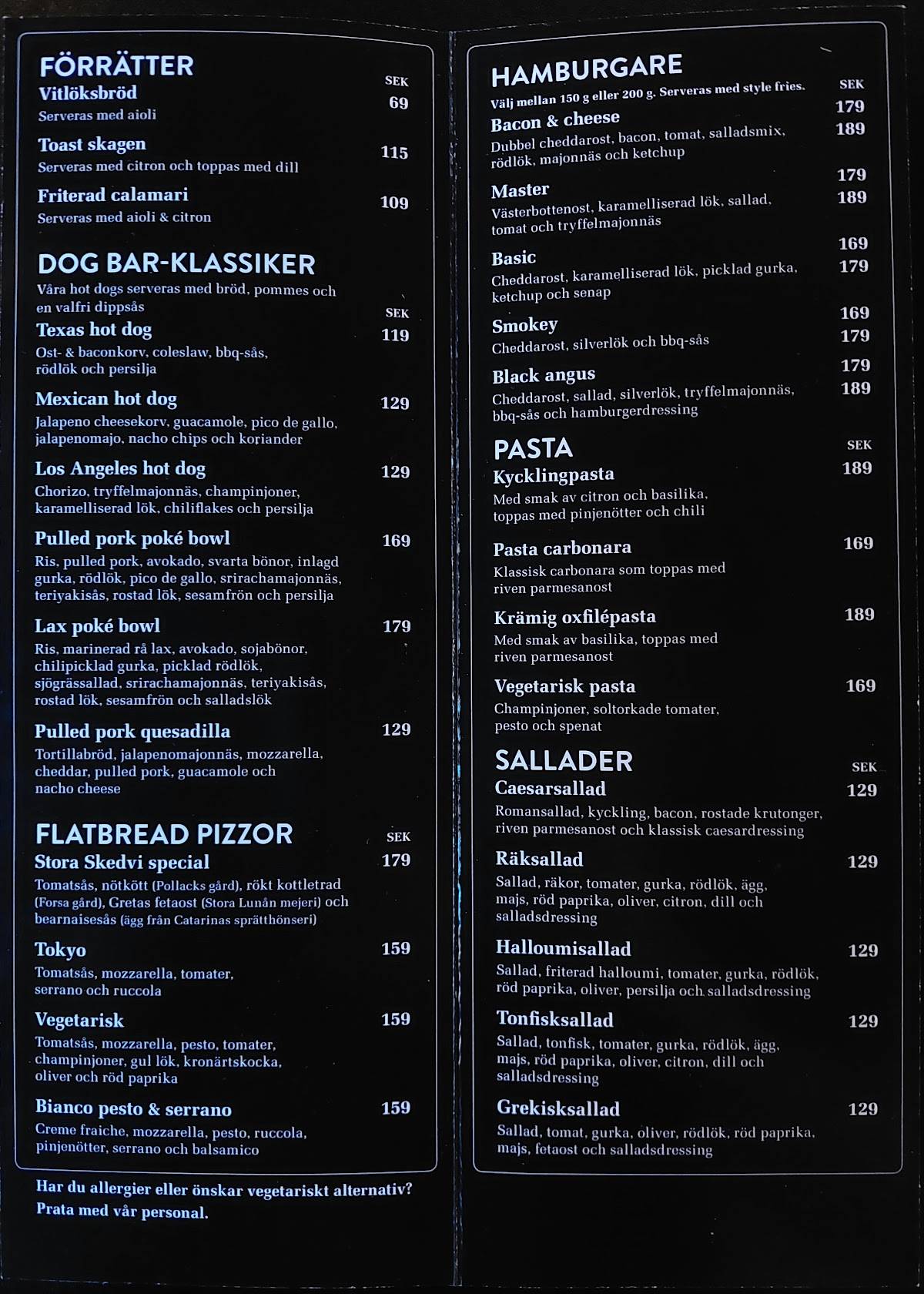 Menu at Dog Bar, Falun