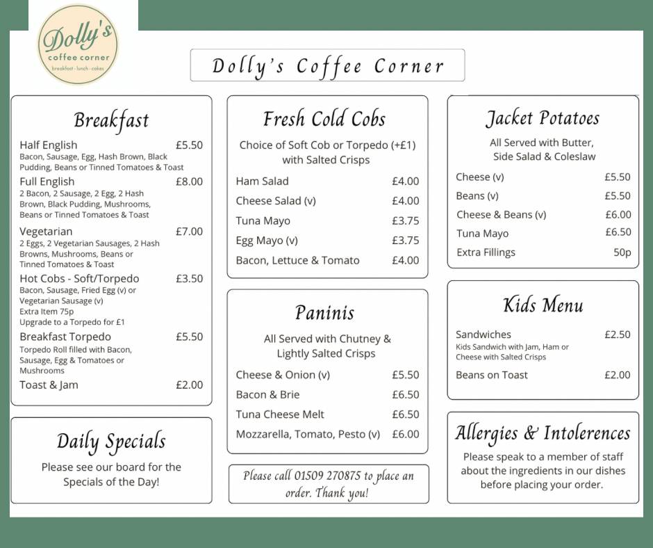 Menu at Dolly's Coffee Corner, Loughborough