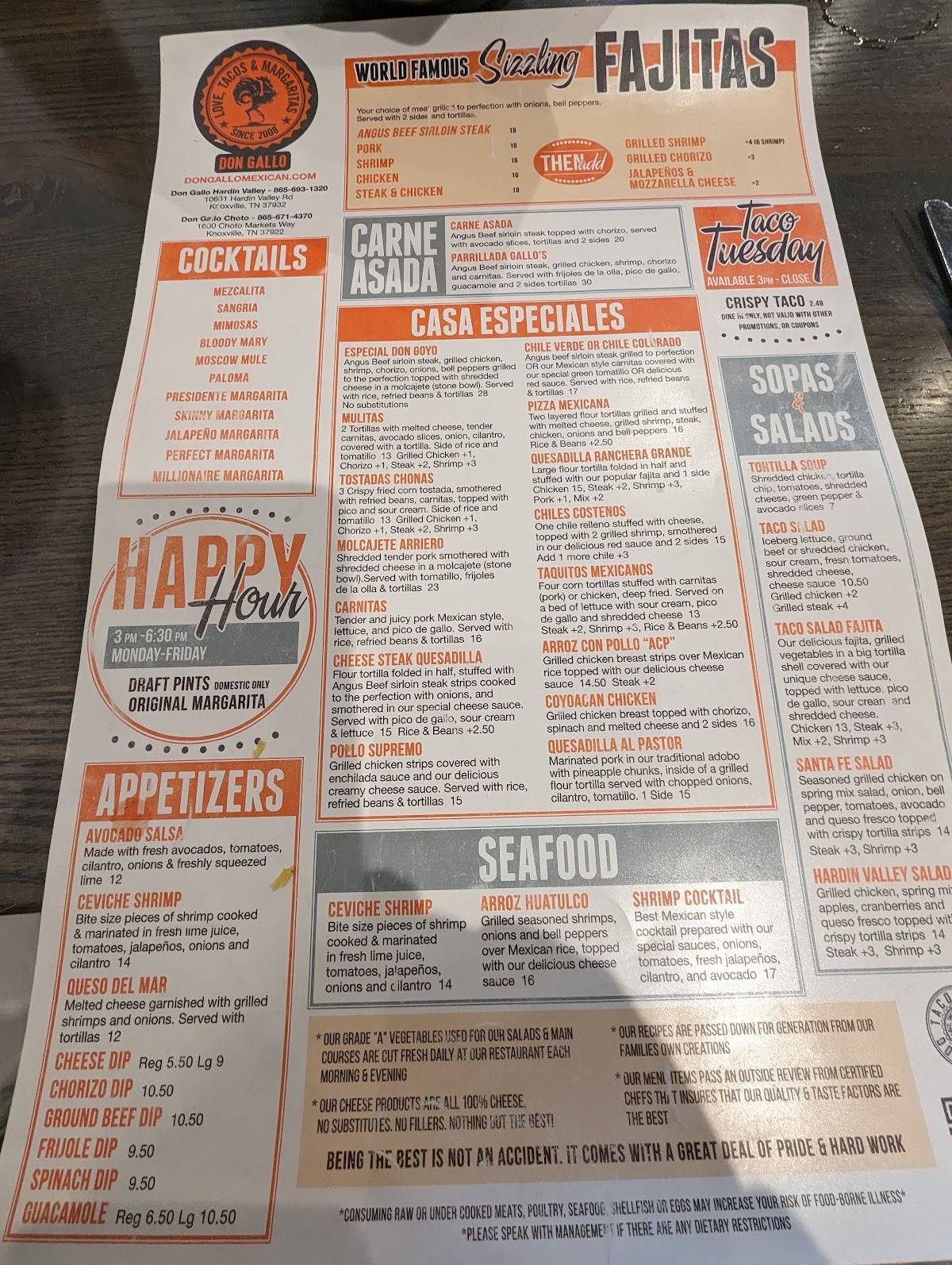 Menu at Don Gallo Mexican Grill restaurant, Knoxville, Hardin Valley Rd