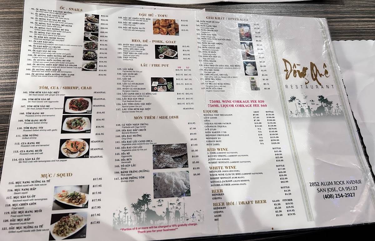 Menu at Dong Que Restaurant, San Jose, 2852 Alum Rock Ave