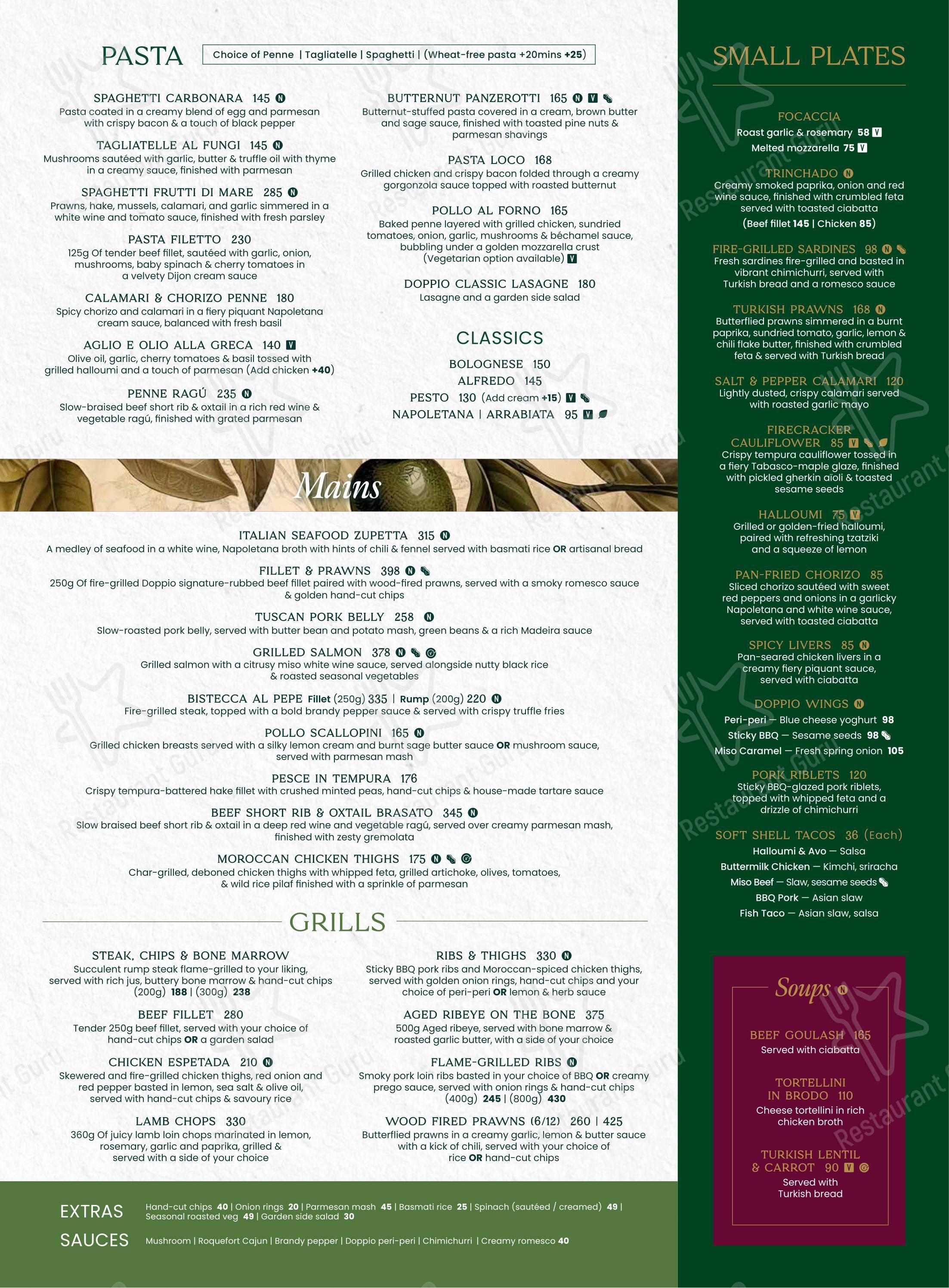 Menu bij Doppio Zero Rosebank restaurant, Johannesburg