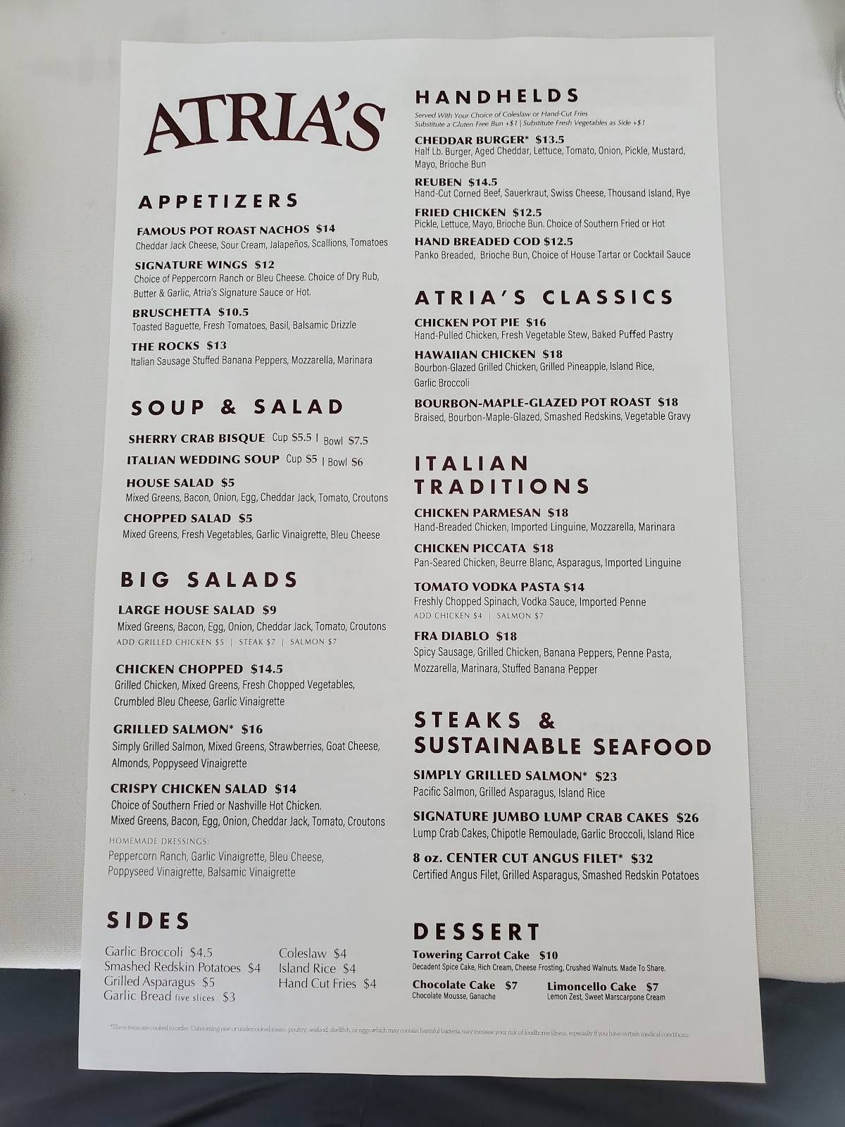 Carta de Atria's Restaurant - Mt. Lebanon, Municipio de Mt. Lebanon ...
