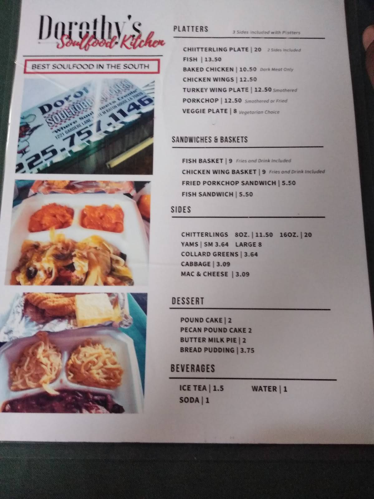 Menu at Dorothy's Soul Food Kitchen restaurant, Baton Rouge
