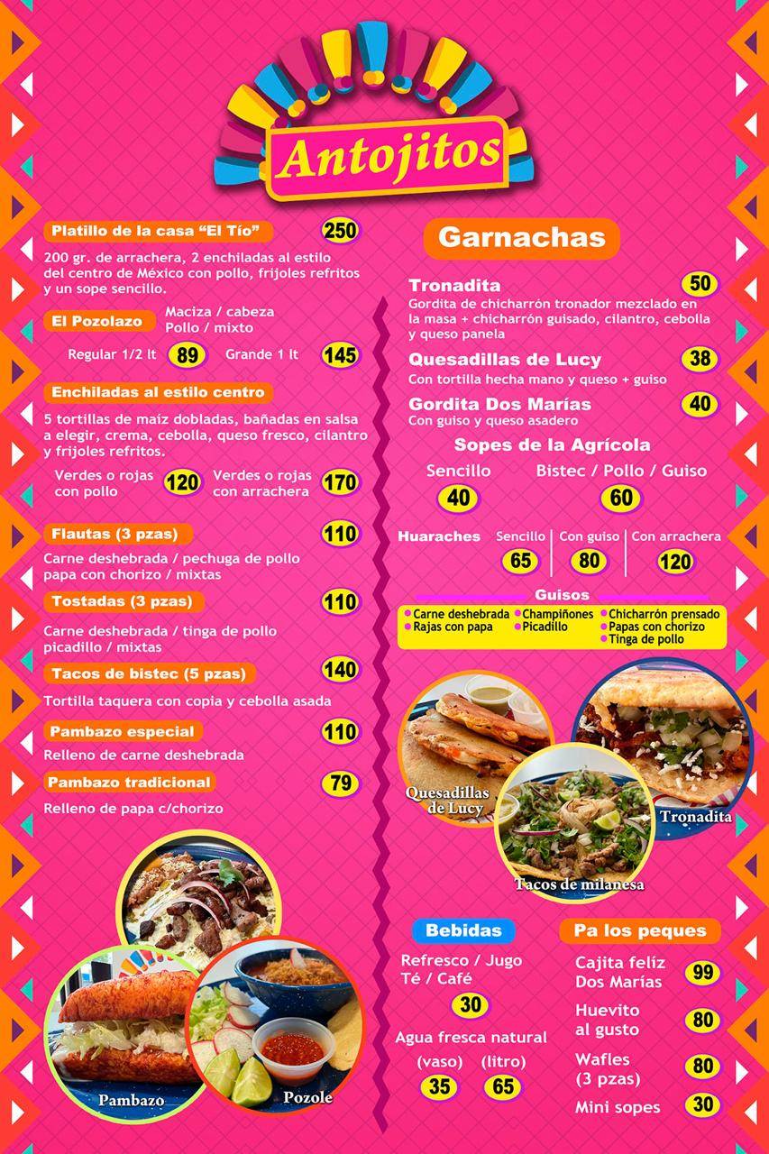 Carta del restaurante Dos Marías Plaza del Toros, Piedras Negras