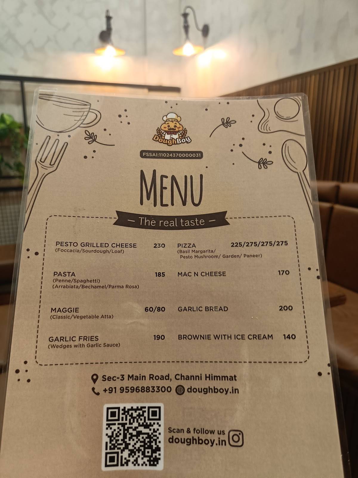 Menu at Doughboy, Jammu