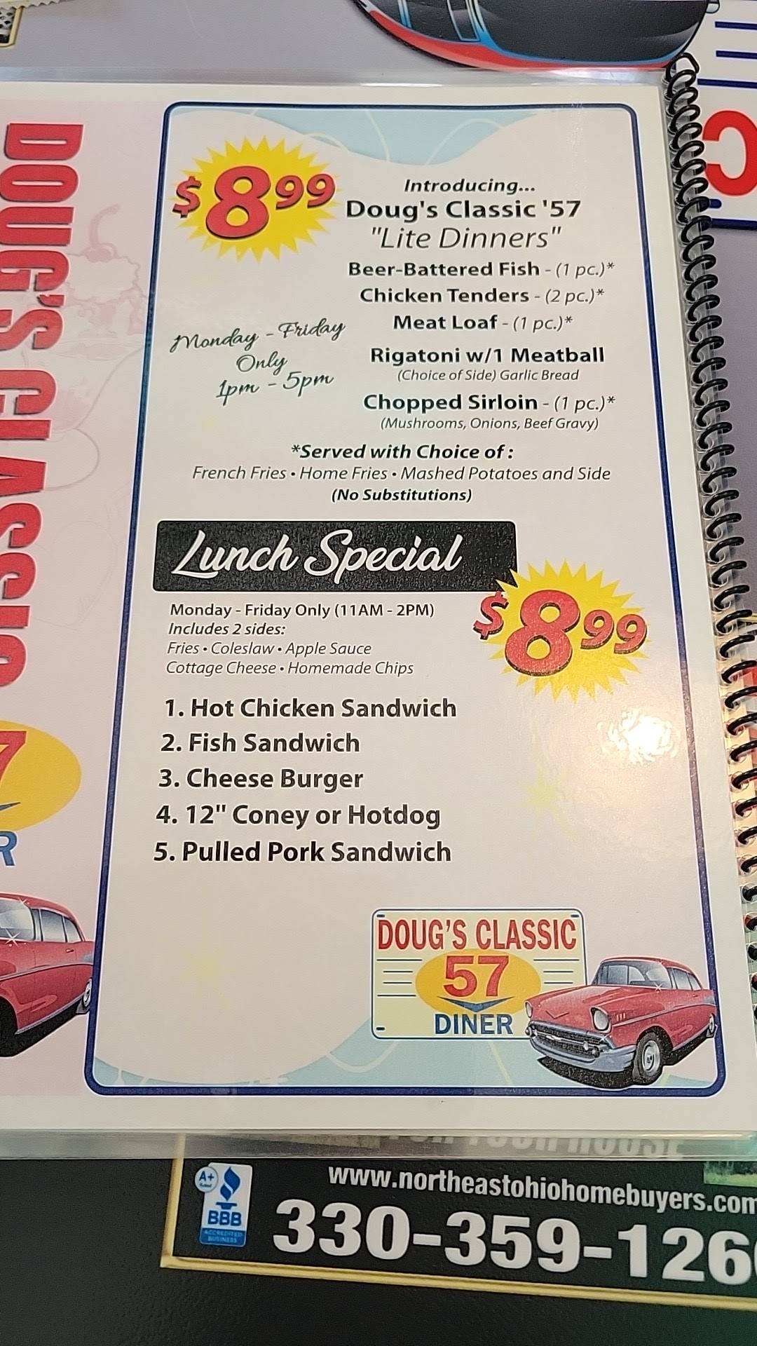 Menu at Doug's Classic '57 Diner cafe, Alliance