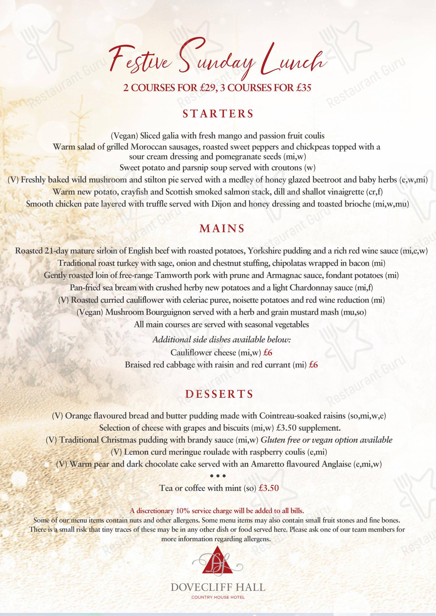 Menu at Dovecliff Hall Terrace restaurant, Burton upon Trent