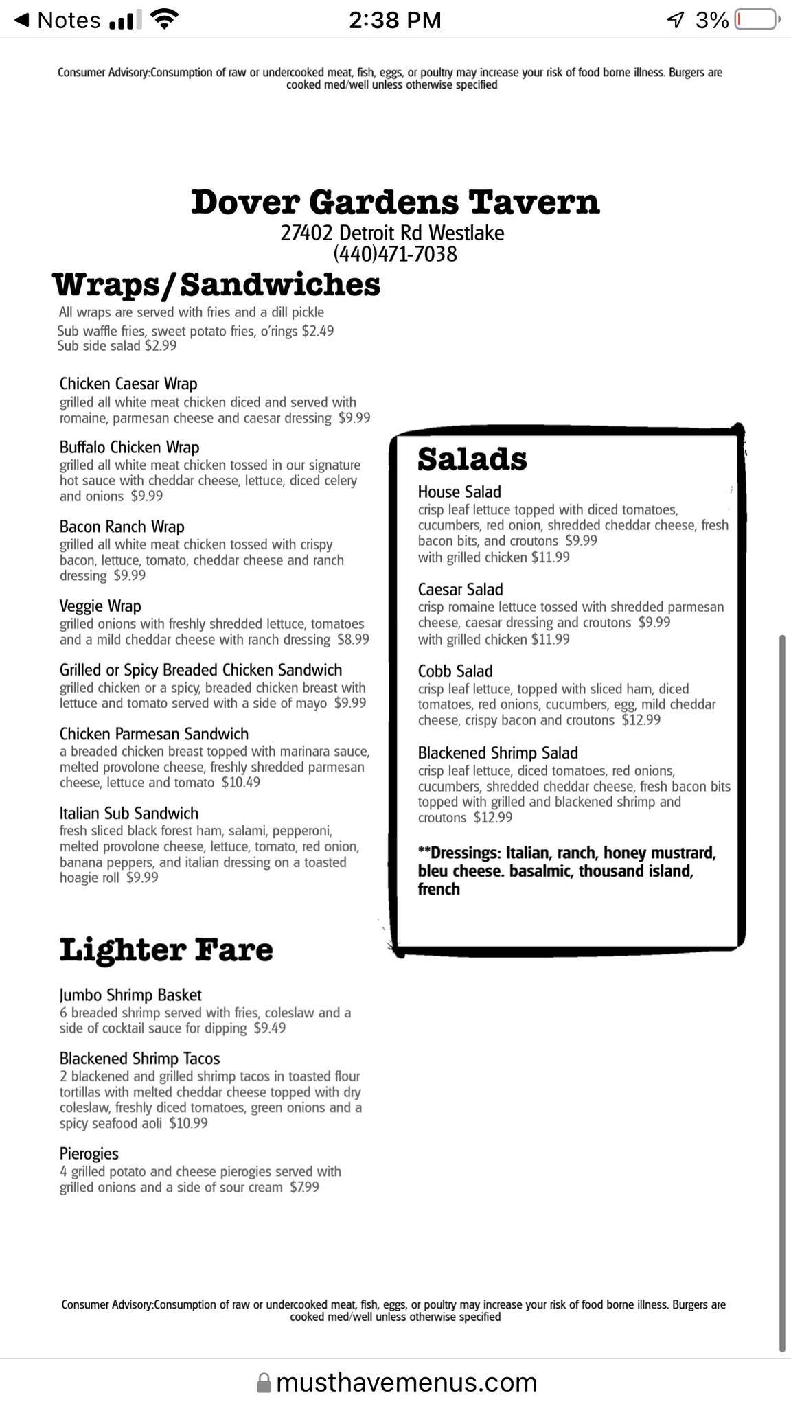 Menu at Dover Gardens Tavern pub & bar, Westlake