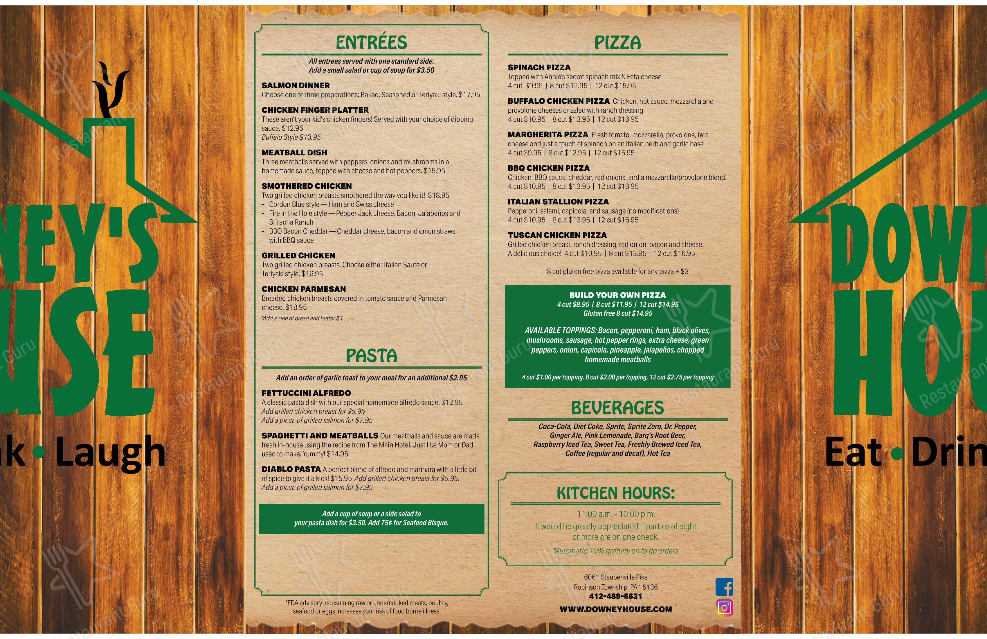 Menu at Downey's House restaurant, Robinson Township, Steubenville Pike