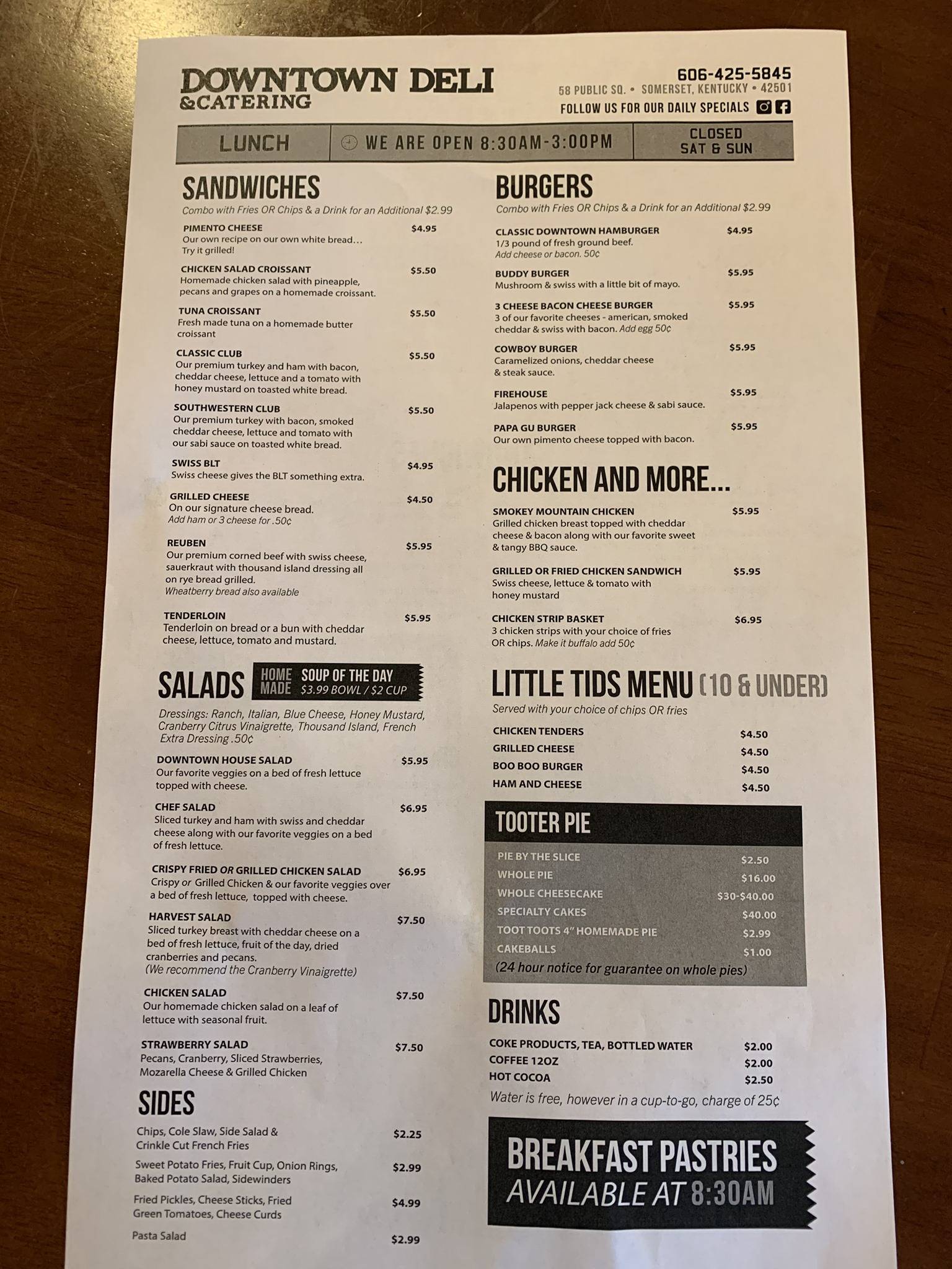 Menu at Downtown Deli restaurant, Somerset