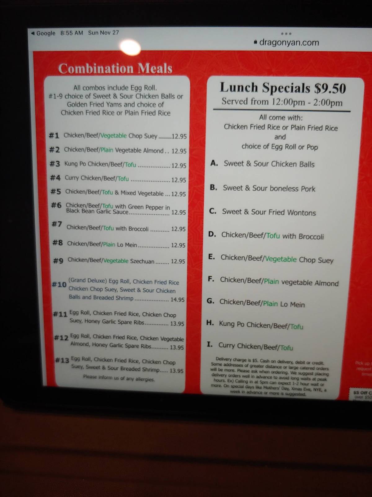 Menu at Dragon Yan restaurant, Peterborough